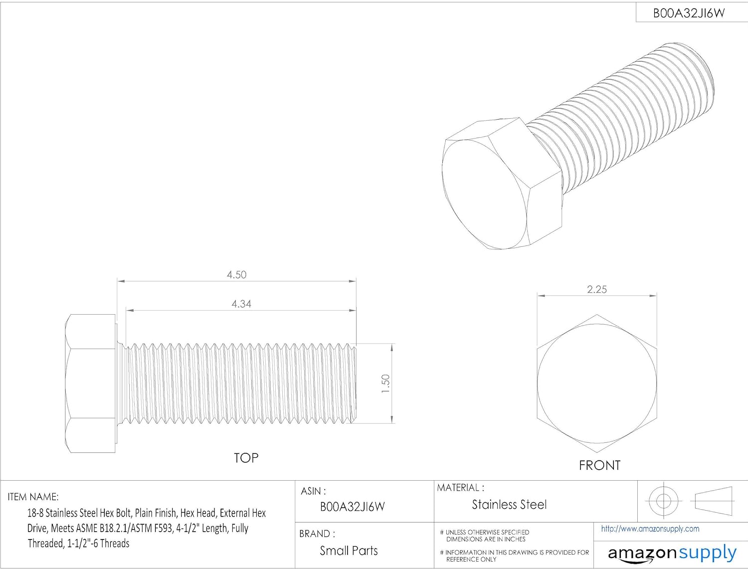 Meets ASME B18.2.1/ASTM F593 Pack of 50 18-8 Stainless Steel Hex Bolt ...