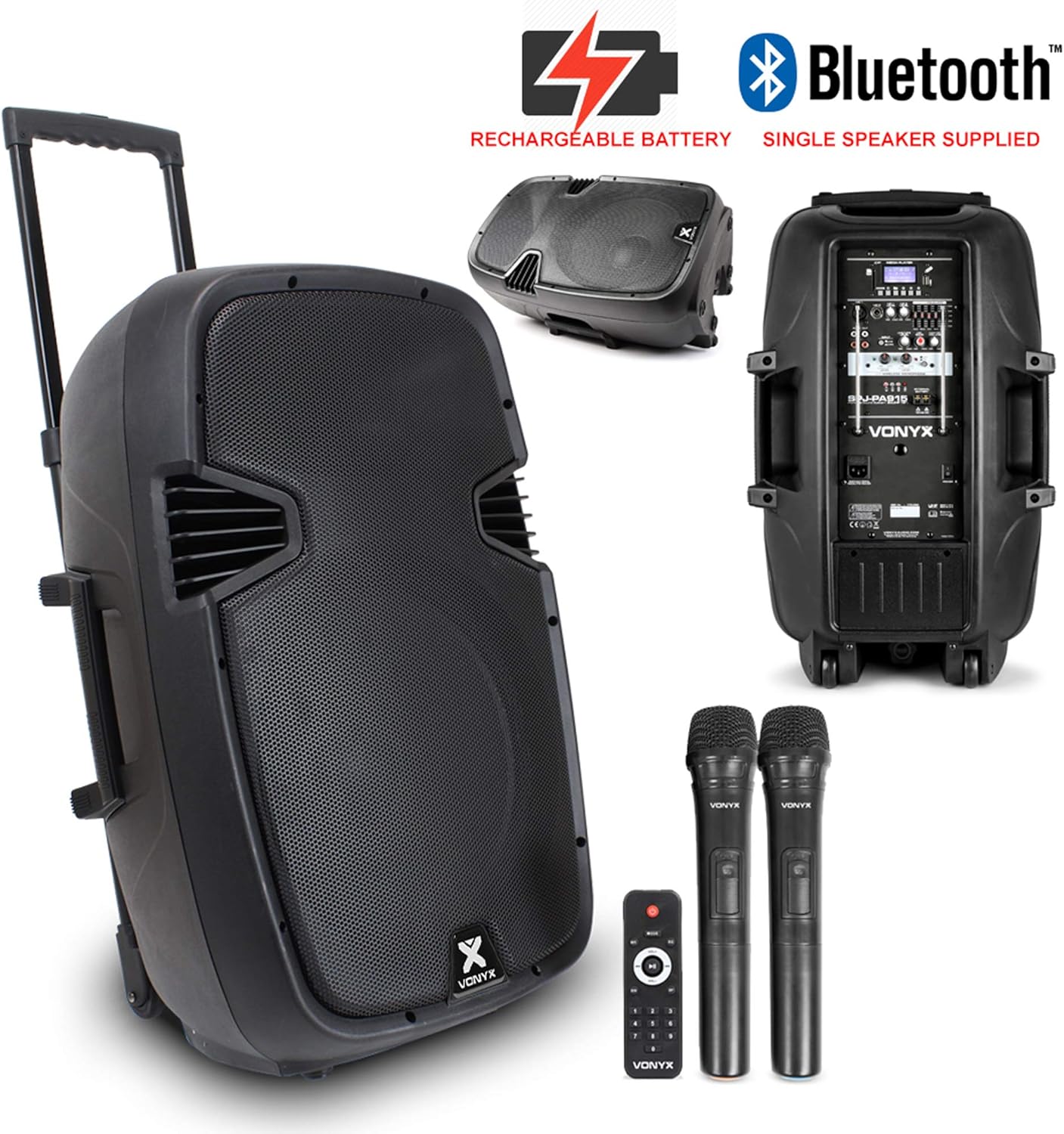 Vonyx SPJ-PA915 Portable PA System Active Bluetooth Speaker and Microphones Battery or Mains ...