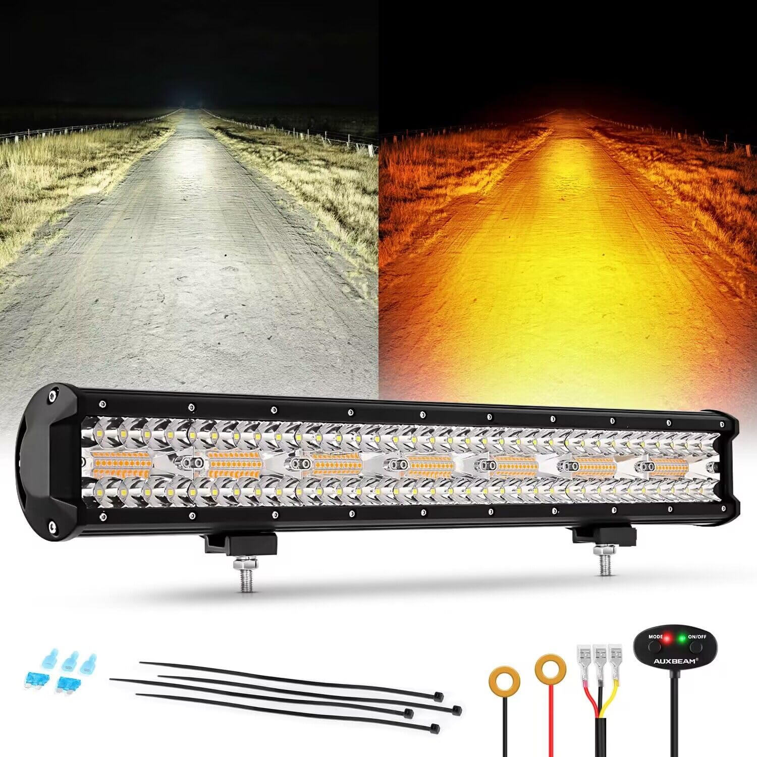 Auxbeam 20-Inch 420W LED Light Bar, 6-Mode Amber White Strobe Off-Road ...