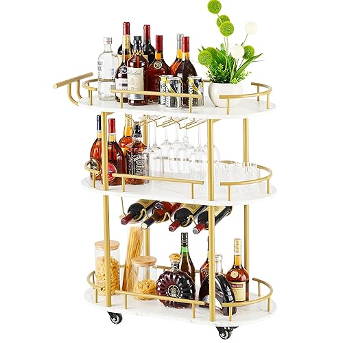 Gold Bar Carts with 3-Tier Storage Shelves, Mobile Bar Serving Cart ...