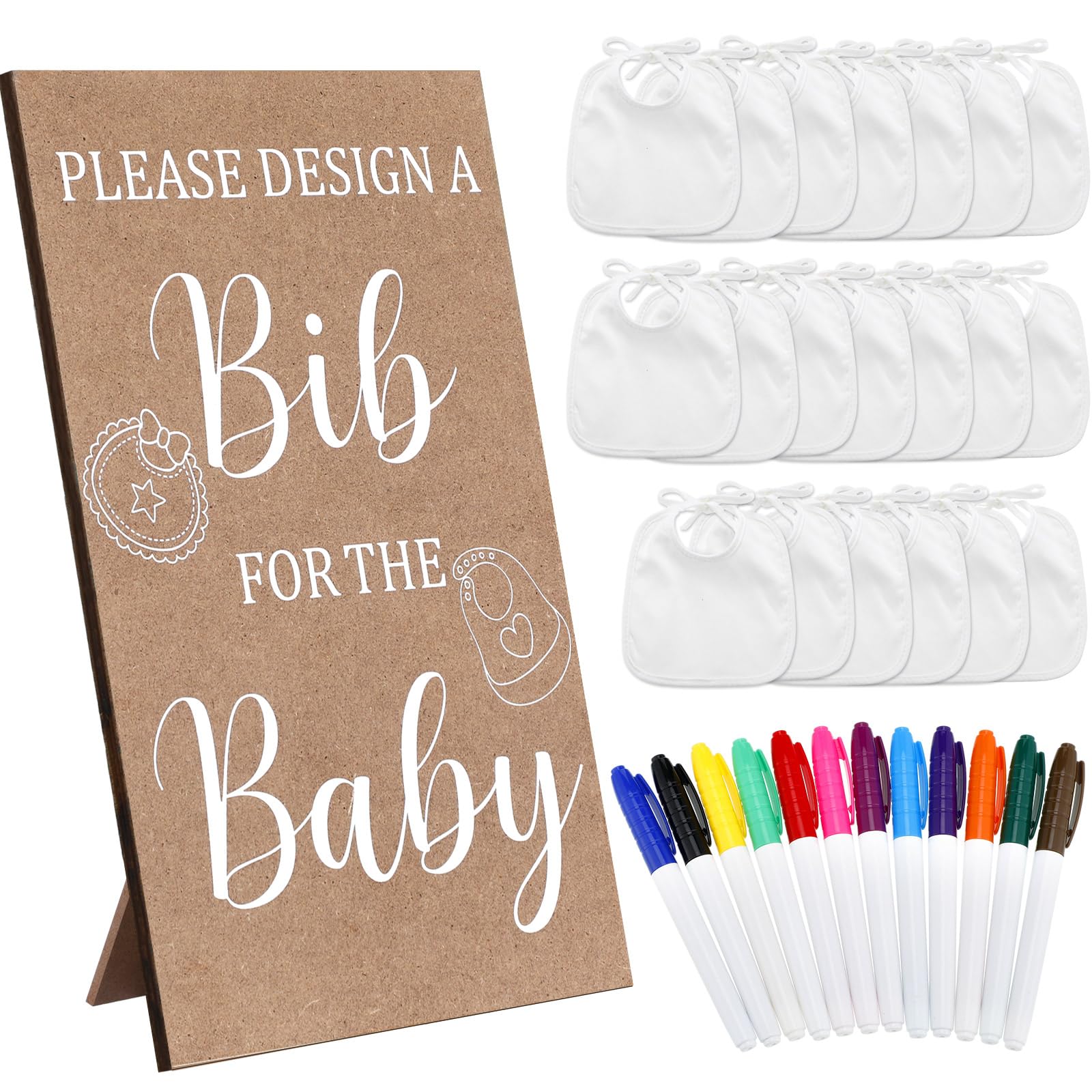 Panitay 43 Pcs Baby Shower Games White Bibs Design, Include Wooden Baby ...