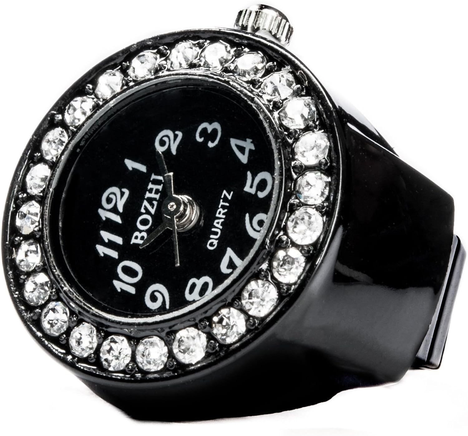 Amazon.com: Ladies Elastic Black Band Rhinestone Case Finger Ring Watch ...