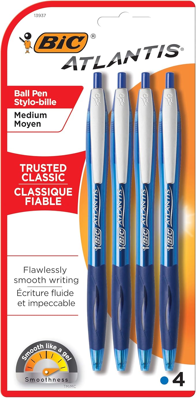 BIC Atlantis Ball Pens Retractable, Blue, Medium Point, 4-pack: Amazon ...