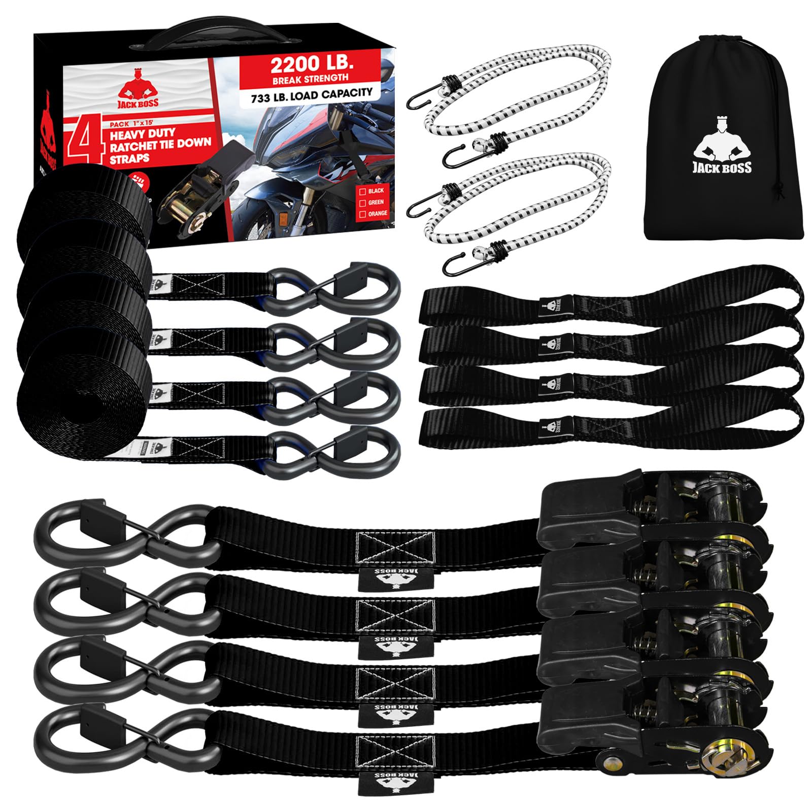 Jack Boss 2200 Lb Break Strength Ratchet Straps Heavy Duty 4 Pack 15