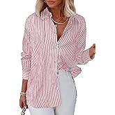 AISEW Womens Button Down Shirts Striped Classic Long Sleeve Collared Office Work Blouses Tops ...