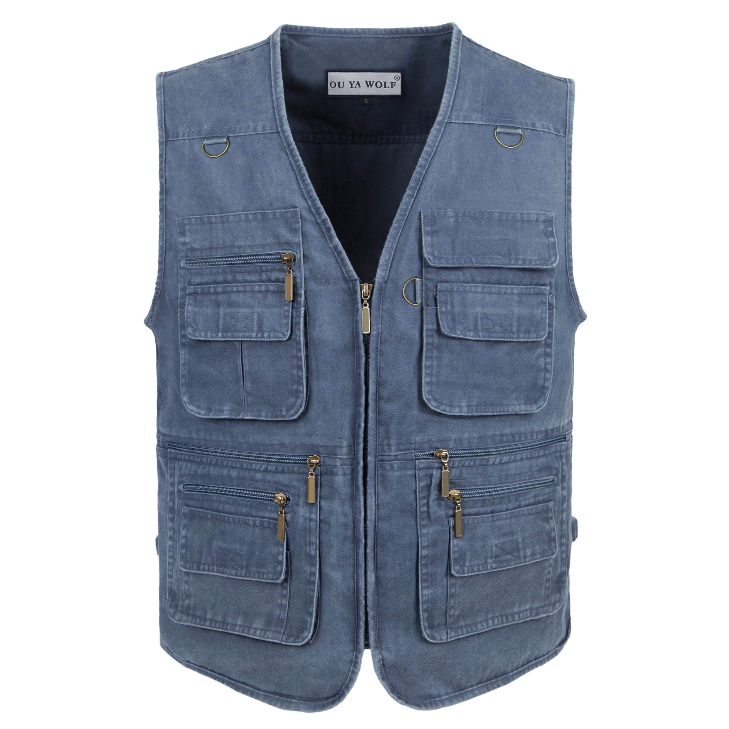 Men's Fishing Vest Stone Washed Denim Multi Pockets Outdoor Casual Work ...