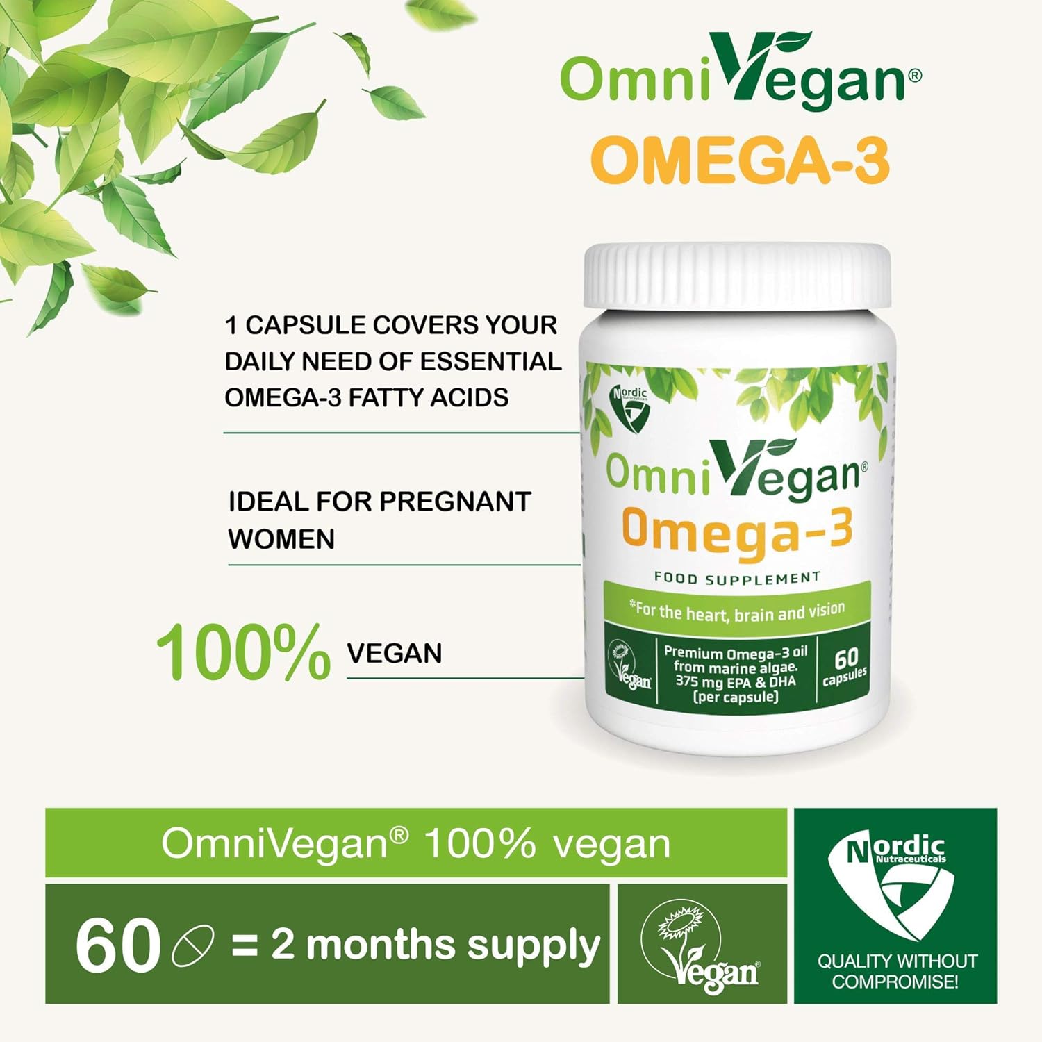 Vegan Omega-3 Marine Algae Oil – DHA 250 mg & EPA 125 mg – 60 Capsules ...