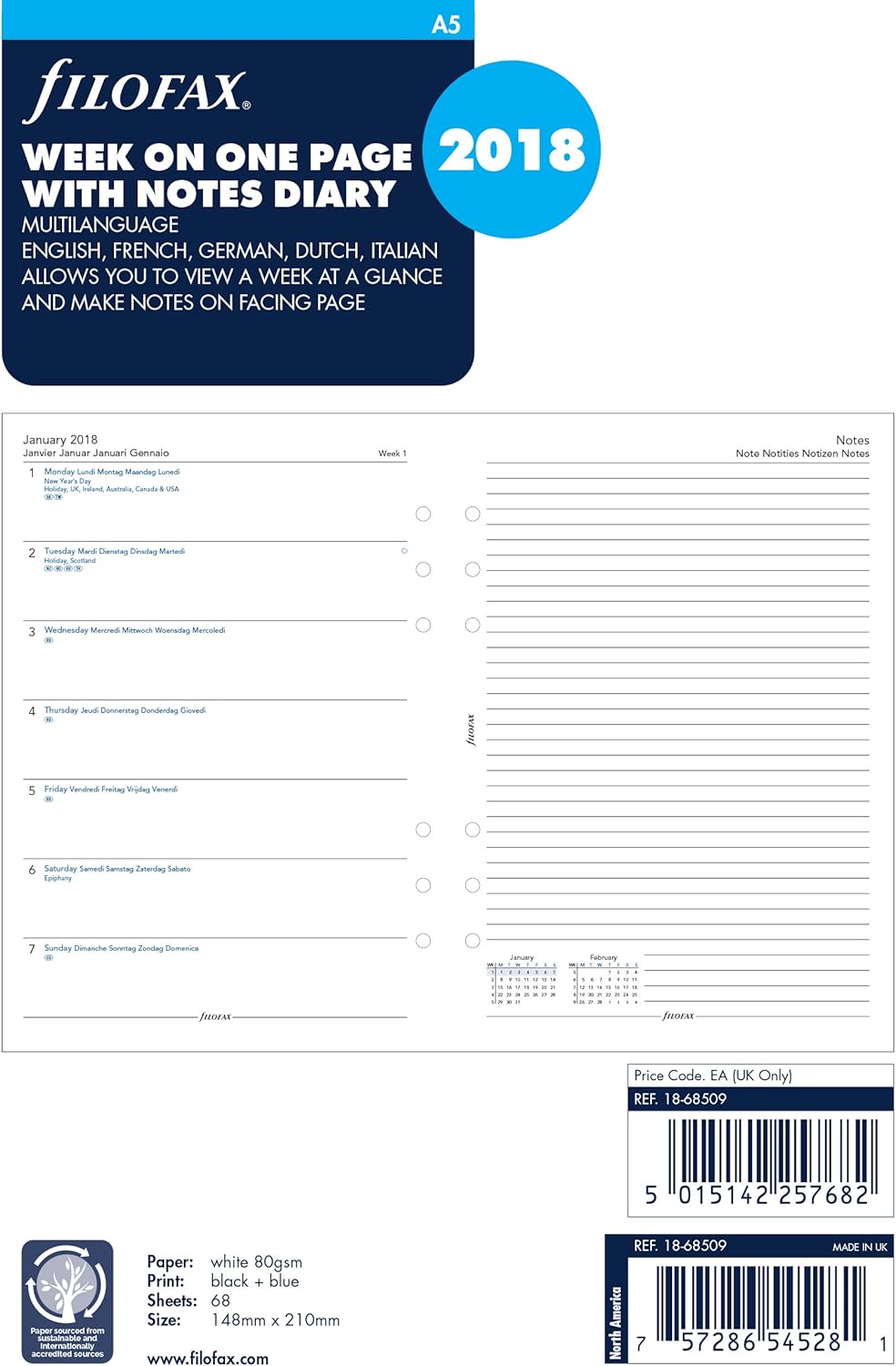 Filofax A5 Week Per Page/Notes 5 Language 2018 Diary: Amazon.co.uk ...