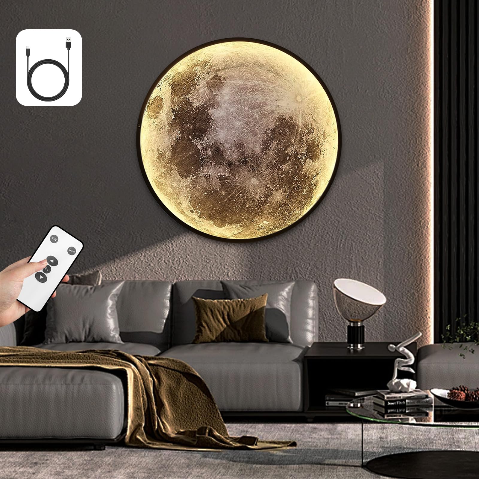 Dimmable Moon Wall Light, LED Wall Sconce With Remote Control, Black ...
