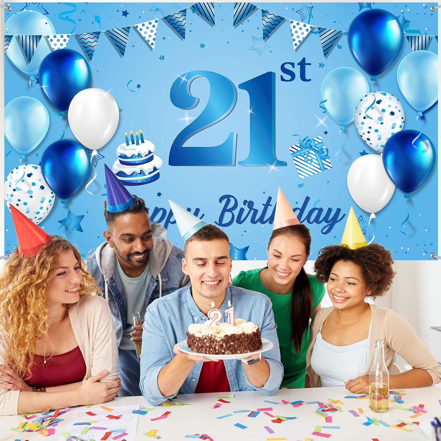Happy 21st Birthday Backdrop Banner Extra Large Fabric Blue 21st ...