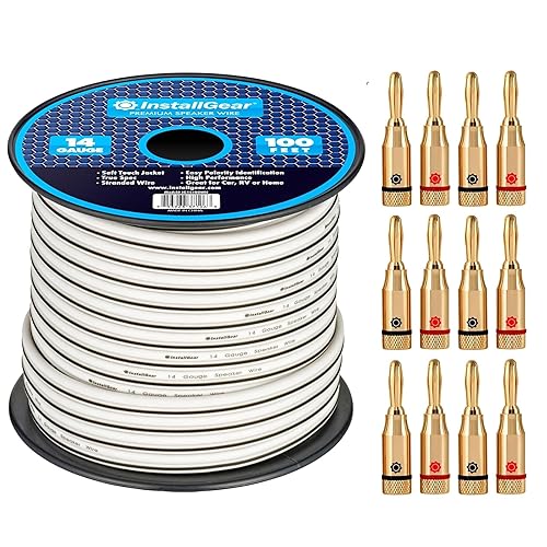 InstallGear 14 Gauge Speaker Wire with Banana Plugs - 100ft White Cable ...
