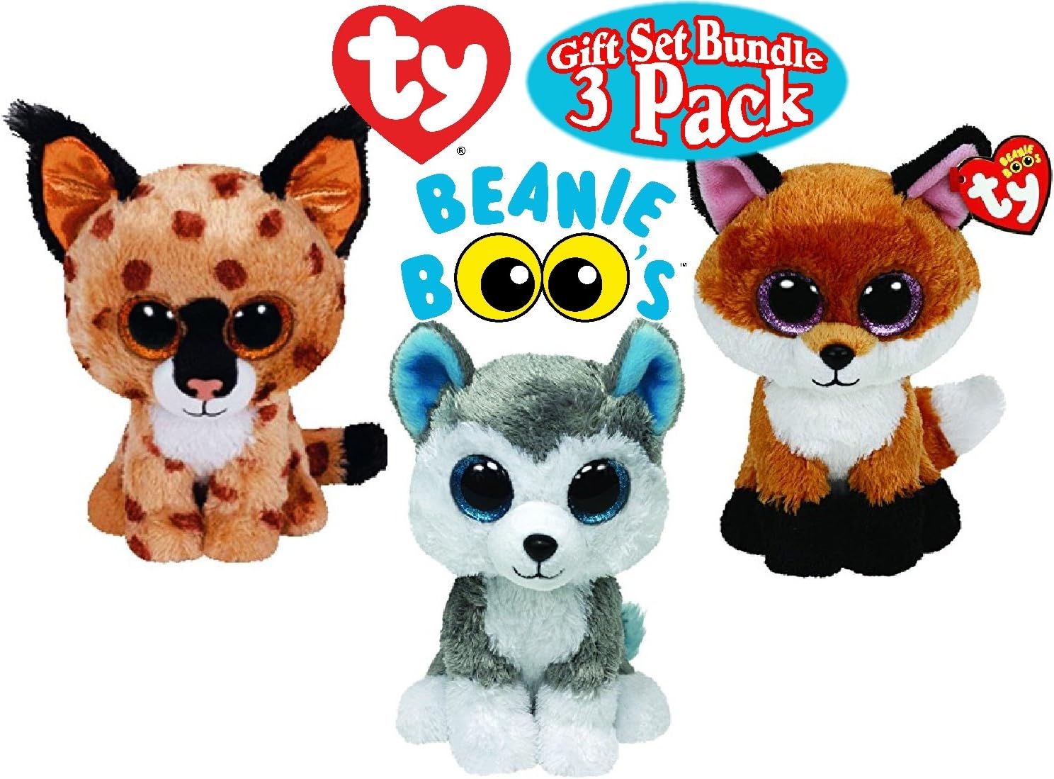TY Beanie Boos Buckwheat (Brown Lynx), Slick (Brown Fox) & Slush (Husky ...