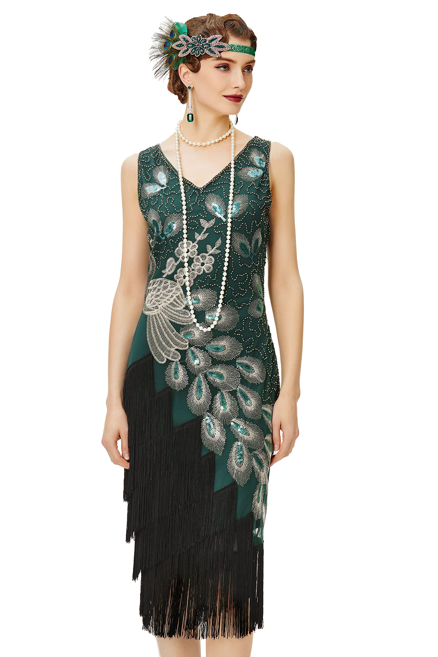 BABEYOND 1920s Vintage Peacock Sequined Dress Gatsby Fringed Flapper ...