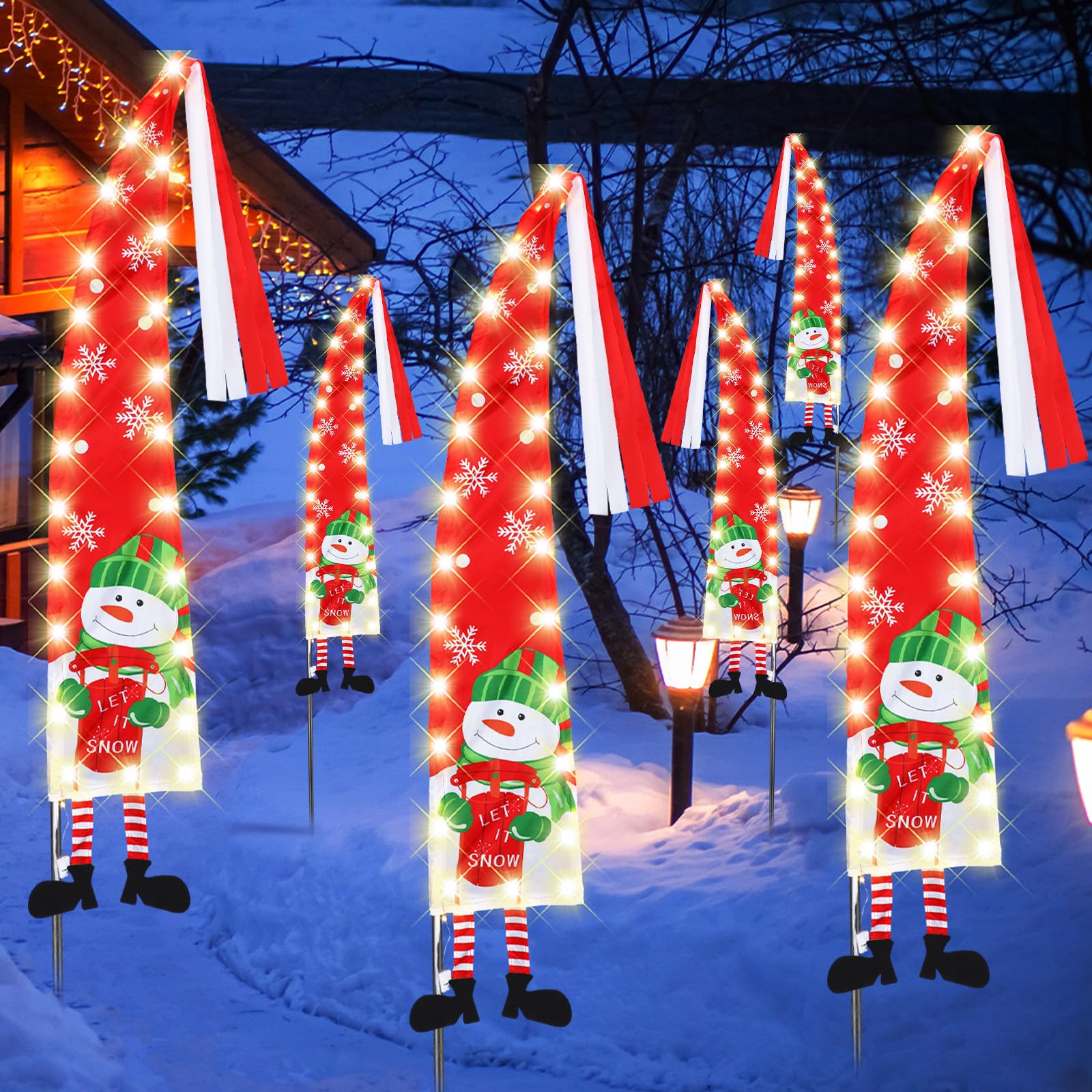 Preboun 6 Pcs Outdoor Christmas Lighted Feather Flags 5 ft Snowmen ...