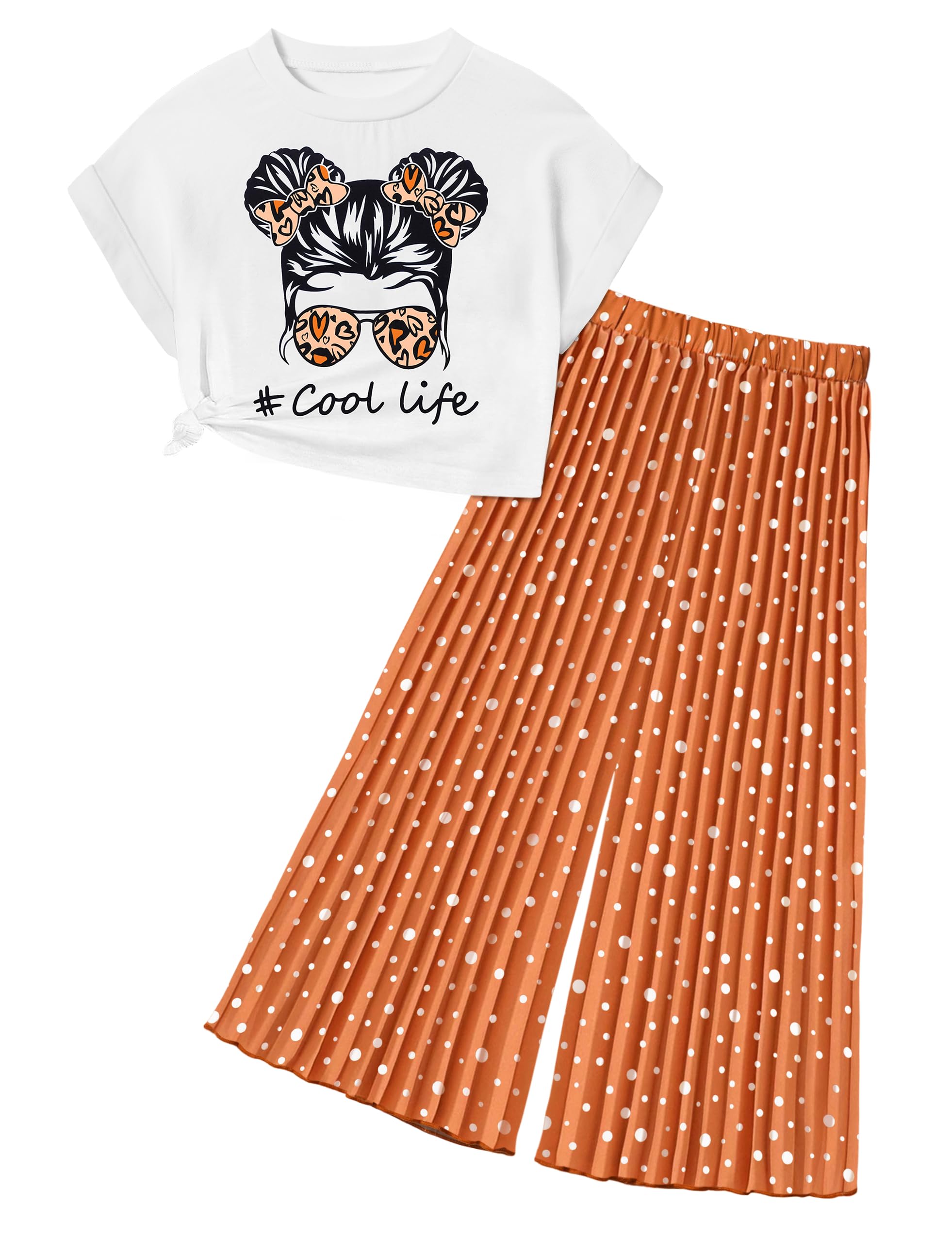 ADIFUN Girls Clothes Size 7 Size 8 Crop Tops Brown Polka Dot Pleated ...