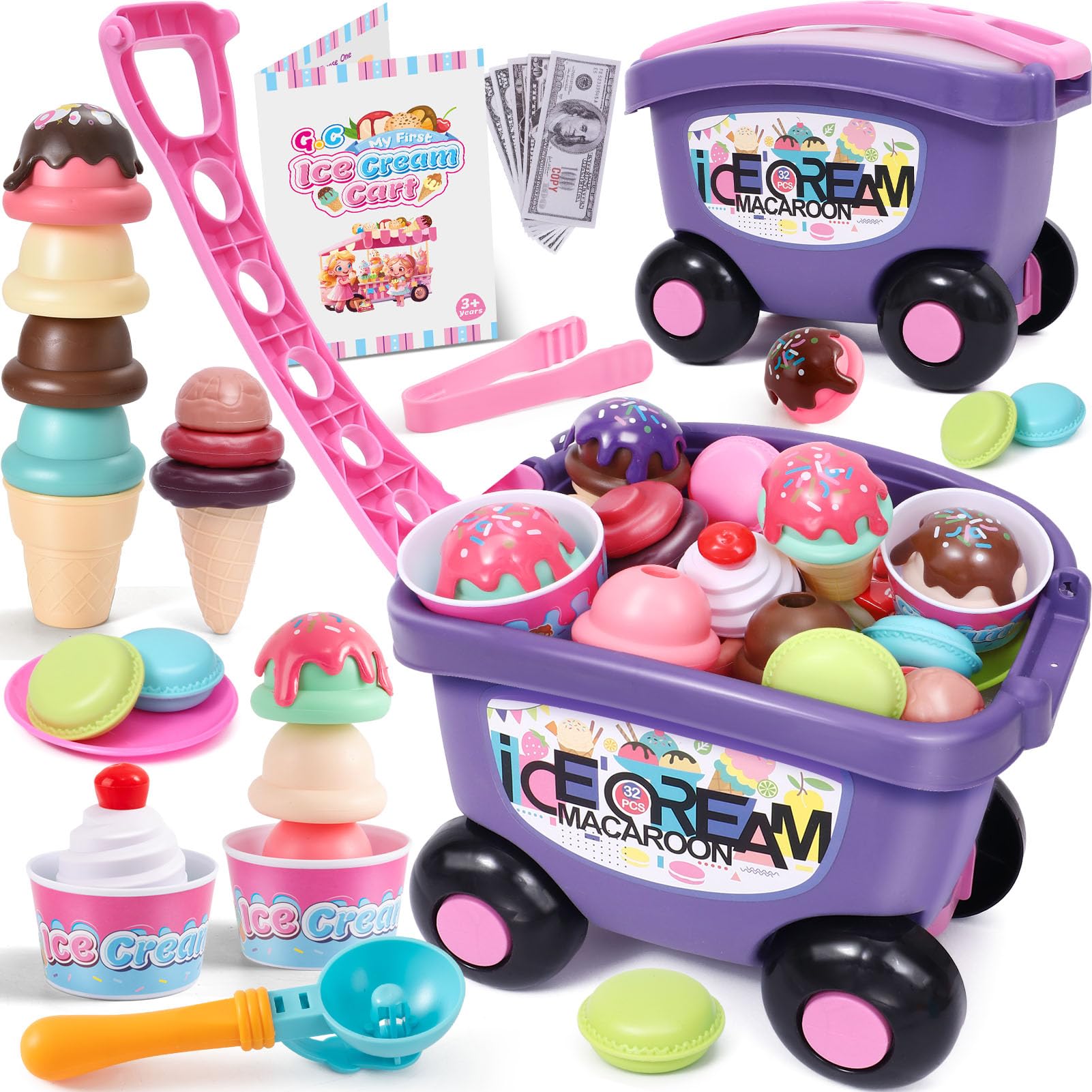 G.C Ice Cream Toys for Kids Toddlers 3-5, 42pcs Ice Cream Cart with ...