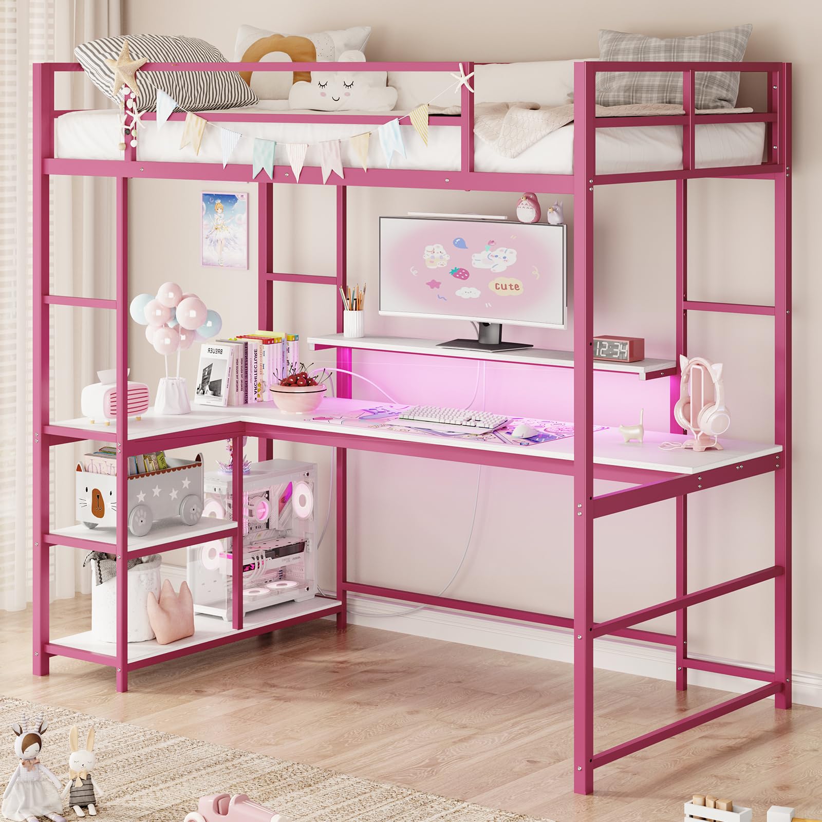 Tatub Twin Loft Bed with Large Desk and LED Lights, Metal Loft Bed ...