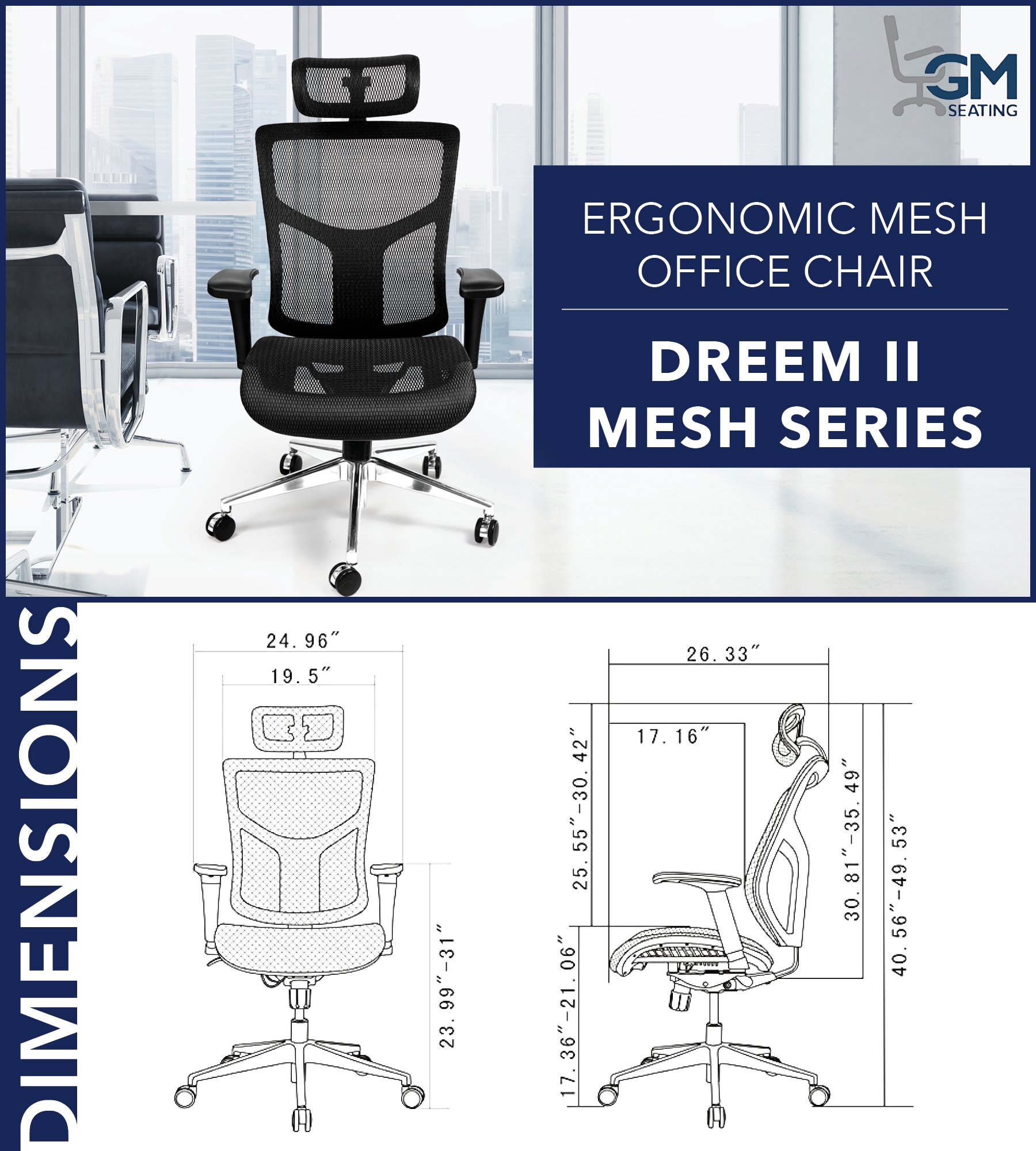GM Seating Ergonomic Mesh Office Chair Dreem II Mesh Series, Black Mesh ...