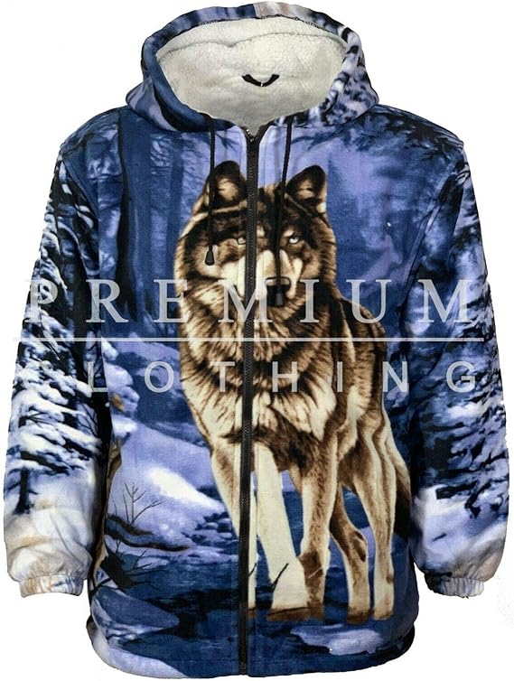 Mens Womens WOLF Hooded Fur Sherpa Fleece Animal Print Jacket Thermal ...