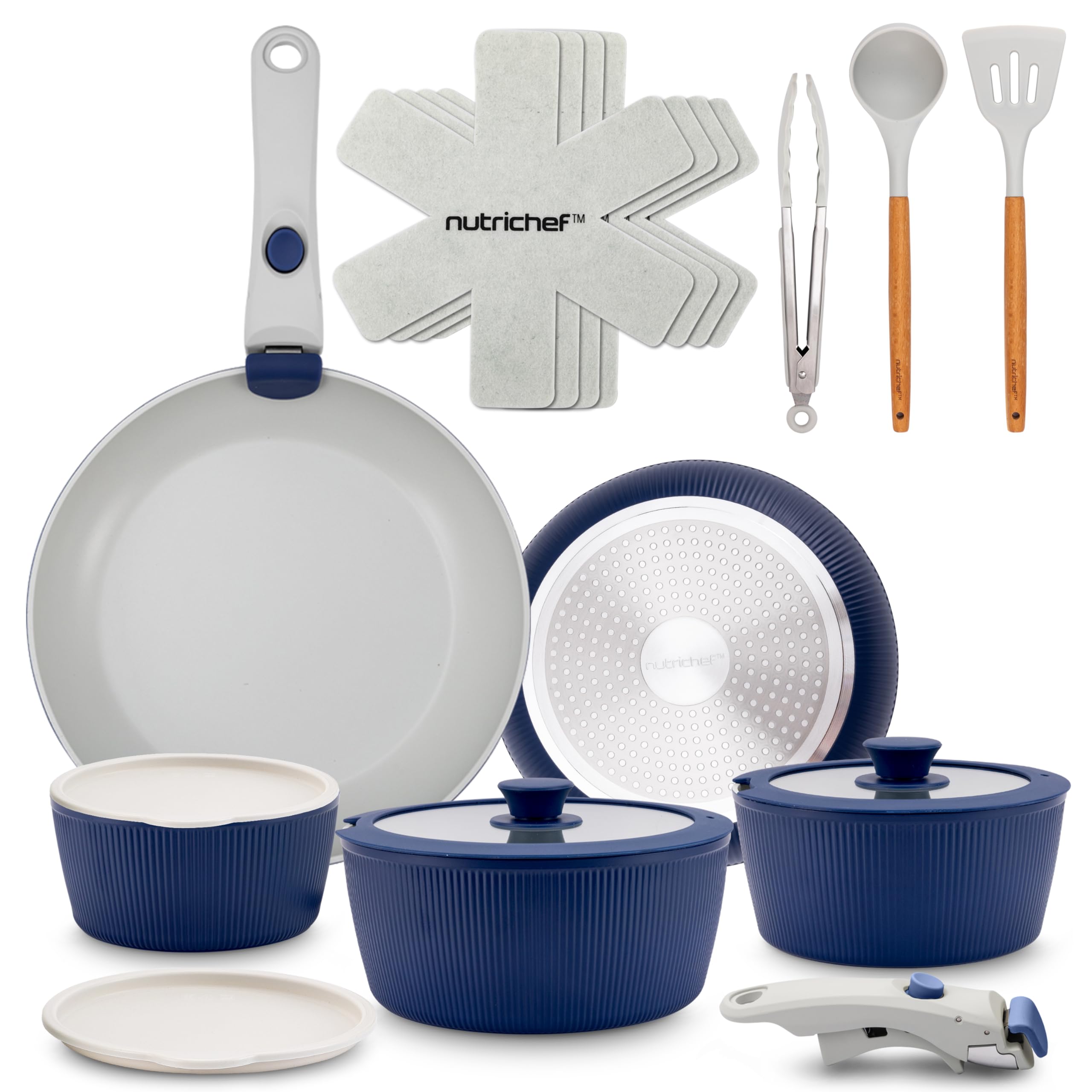 NutriChef 18-Piece Ceramic Cookware Set with Detachable Handles, Non ...