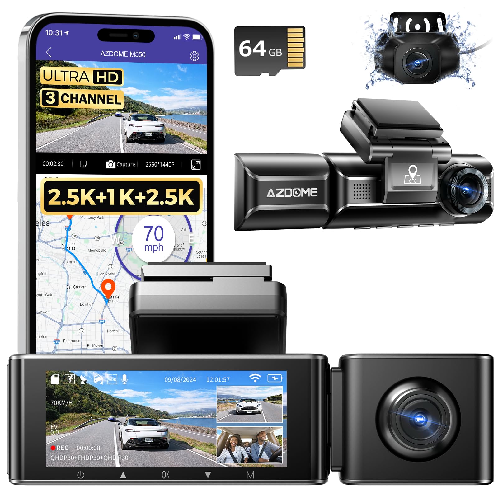 AZDOME M550 3 Channel Dash Cam, 4K+2.5K Front and Rear, 2.5K+1080P+2.5K ...