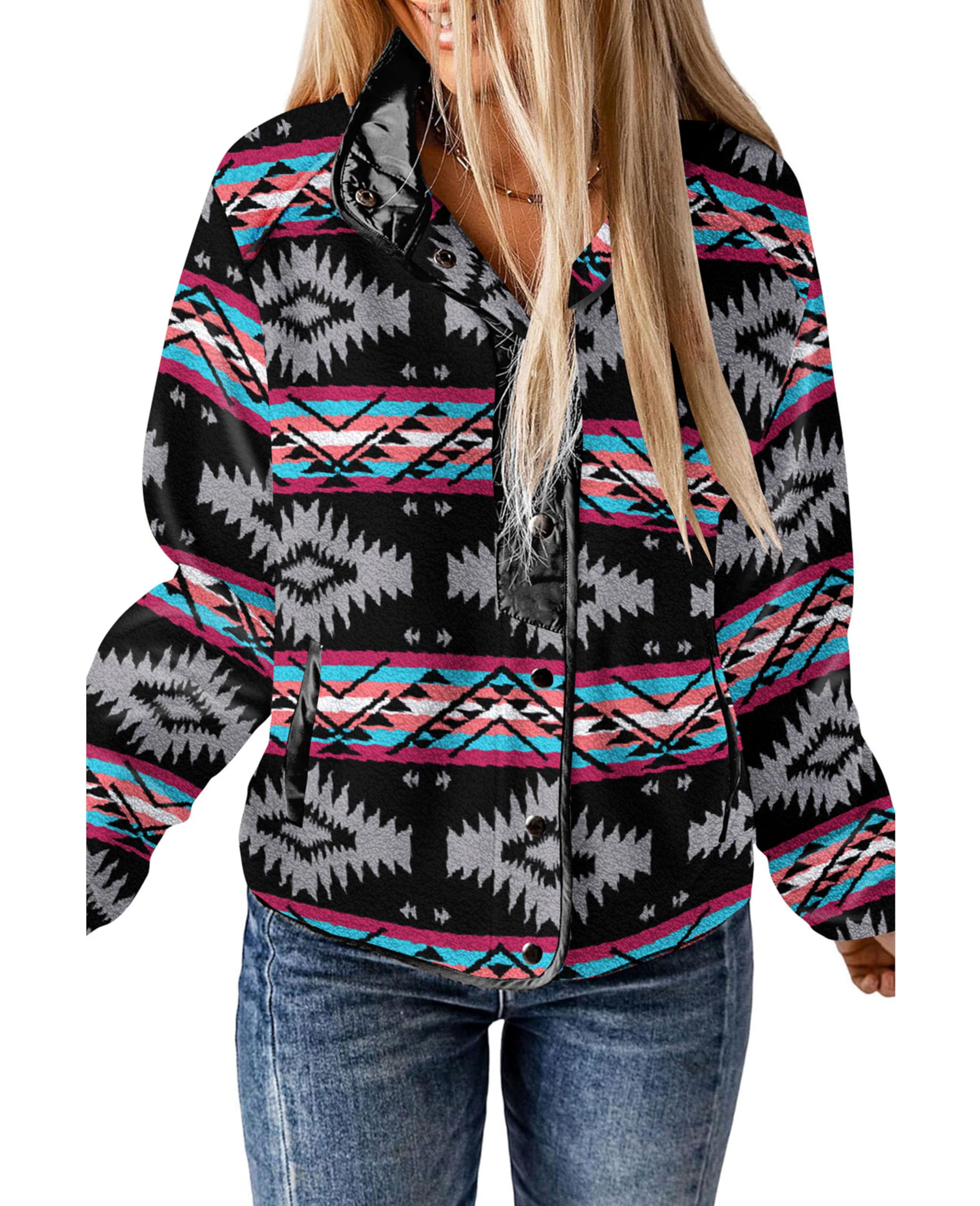 SELINK Womens Fleece Jacket Western Aztec Print Long Sleeve Snap Button ...