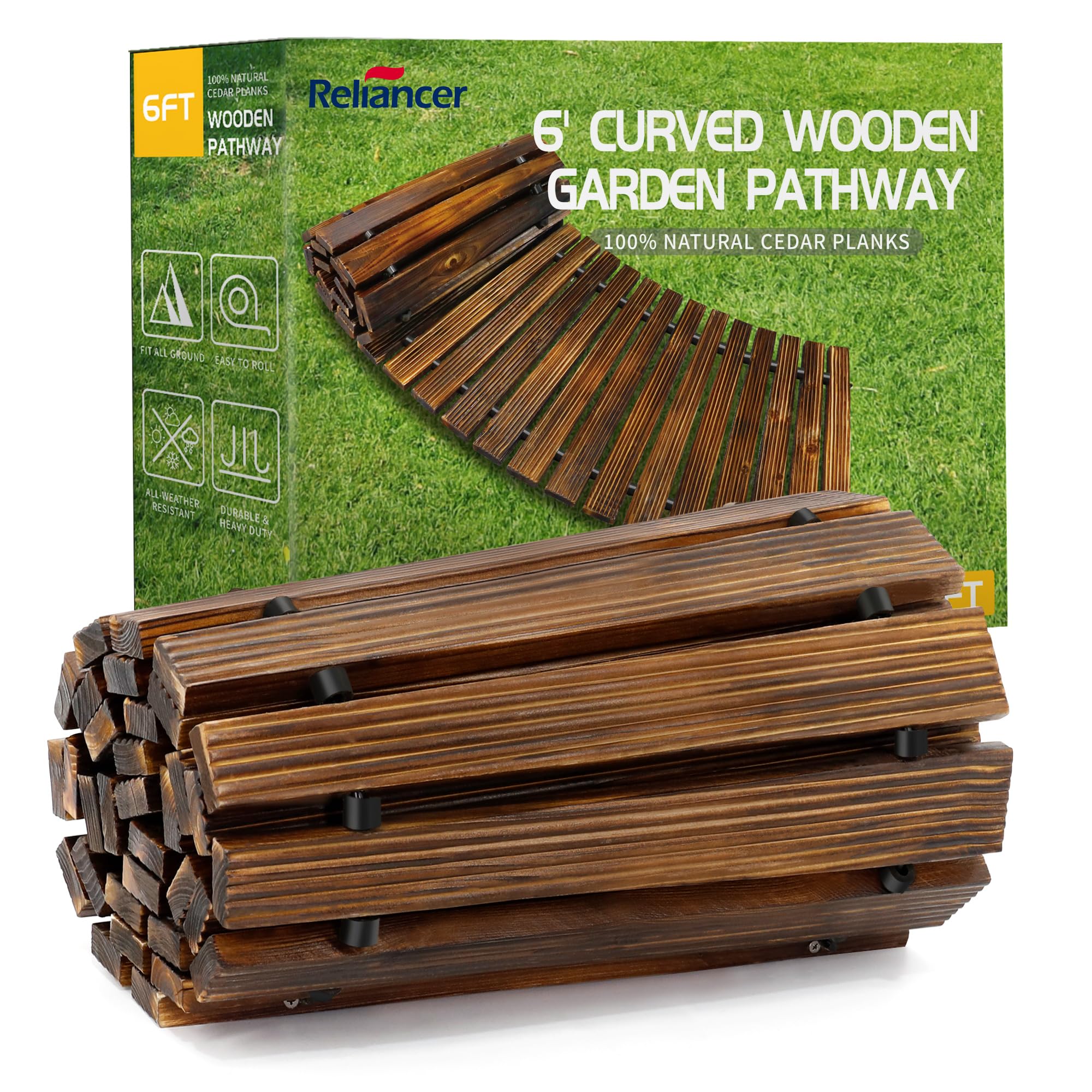 RELIANCER 6' Wooden Garden Pathway,Outdoor Roll Out Cedar Curved ...