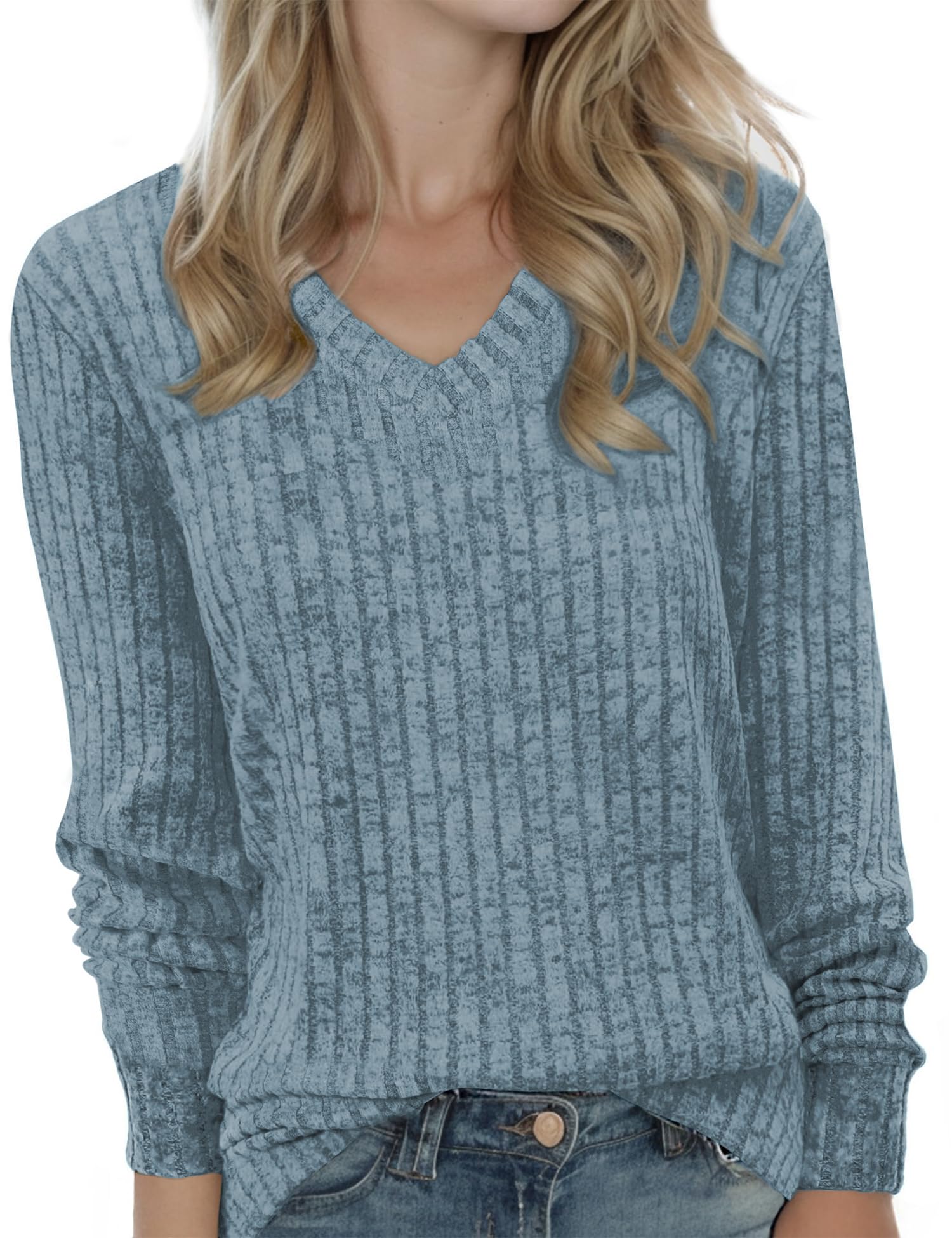 Womens Sweaters Tunics Tops V Neck Long Sleeve Shirt Lightweight Ladies ...