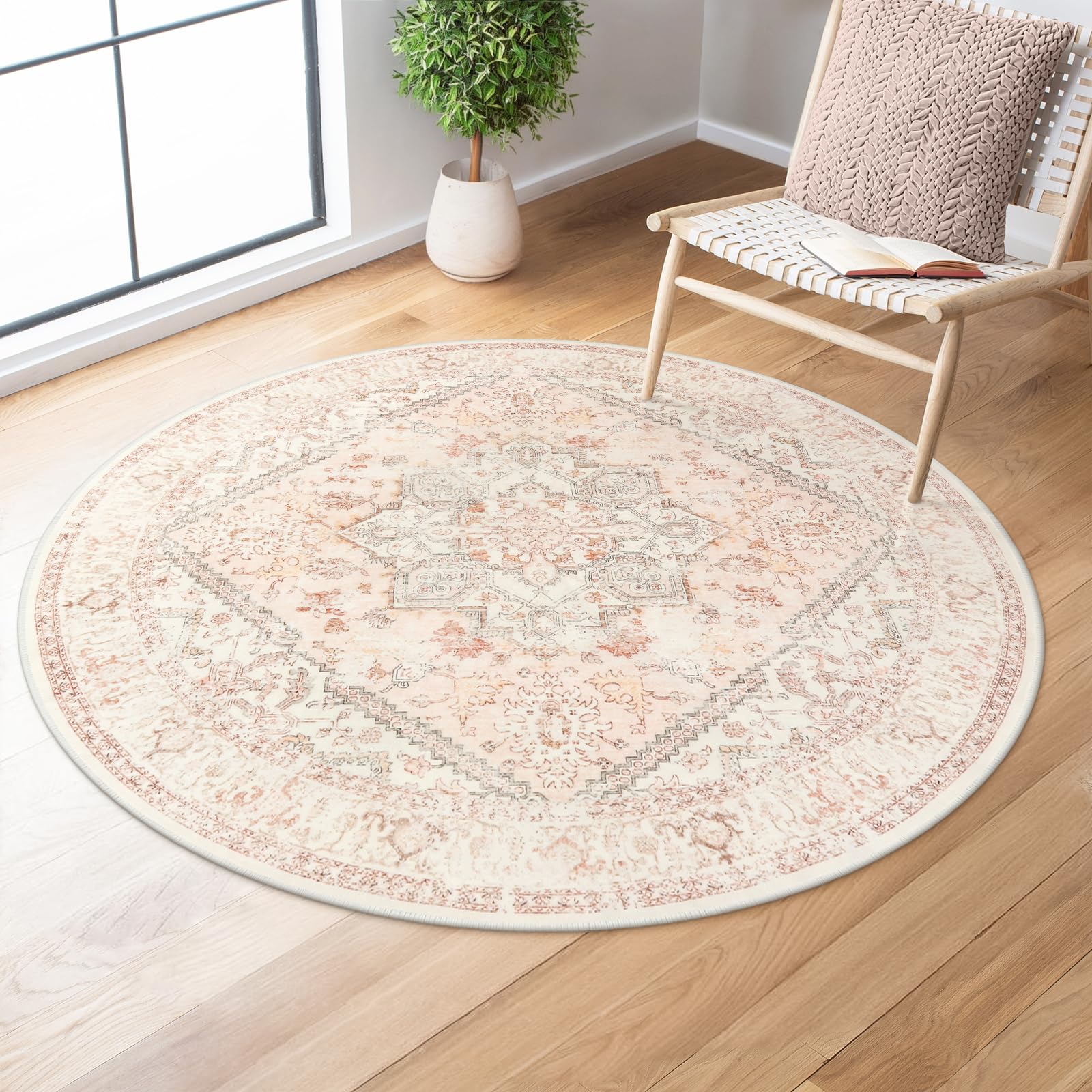 LIVEBOX Pink Round Rug 4ft - Machine Washable Circle Rug for Living ...