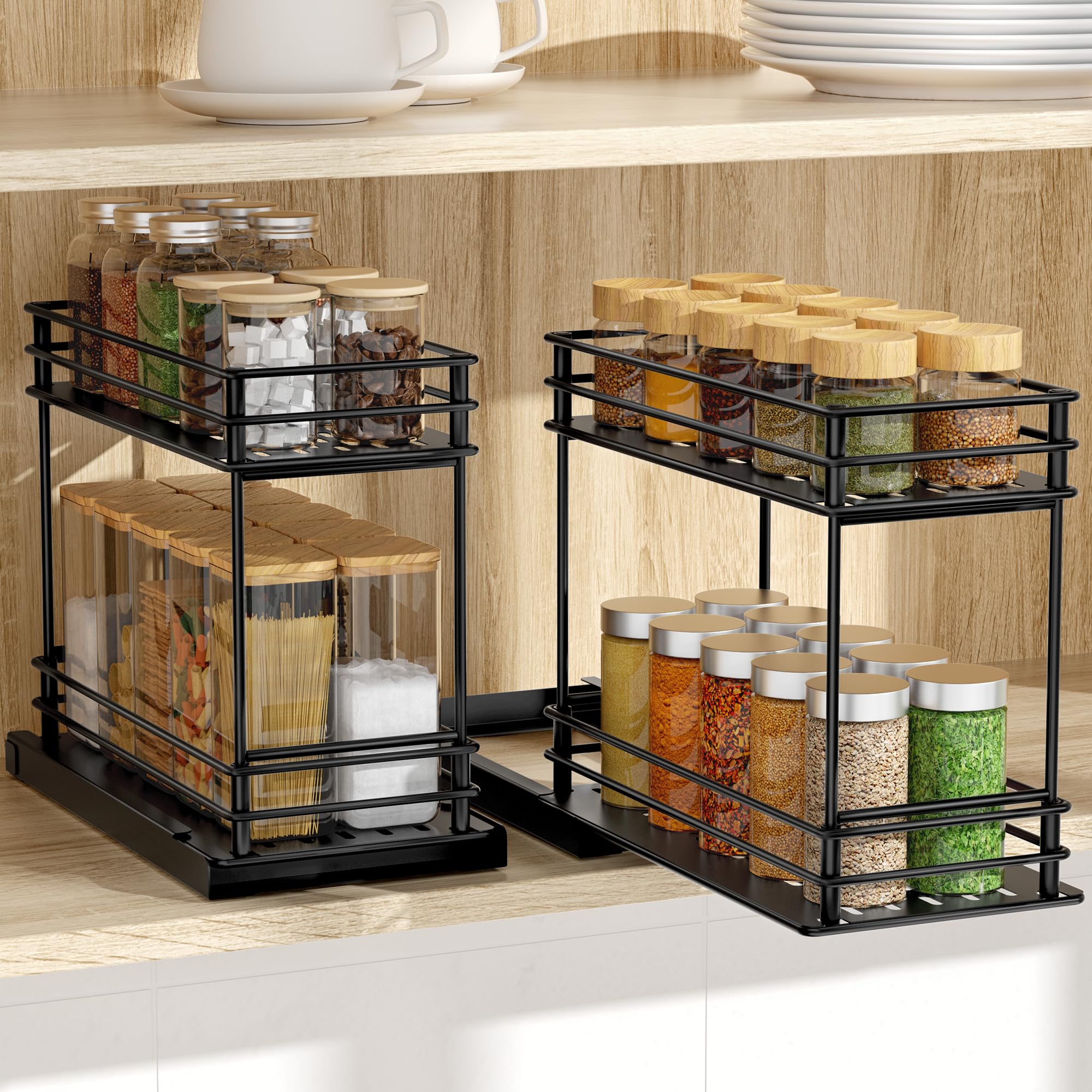 Tikea Spice Rack Organizer 2-Pack, 2-Tier Pull Out Seasoning Rack for ...