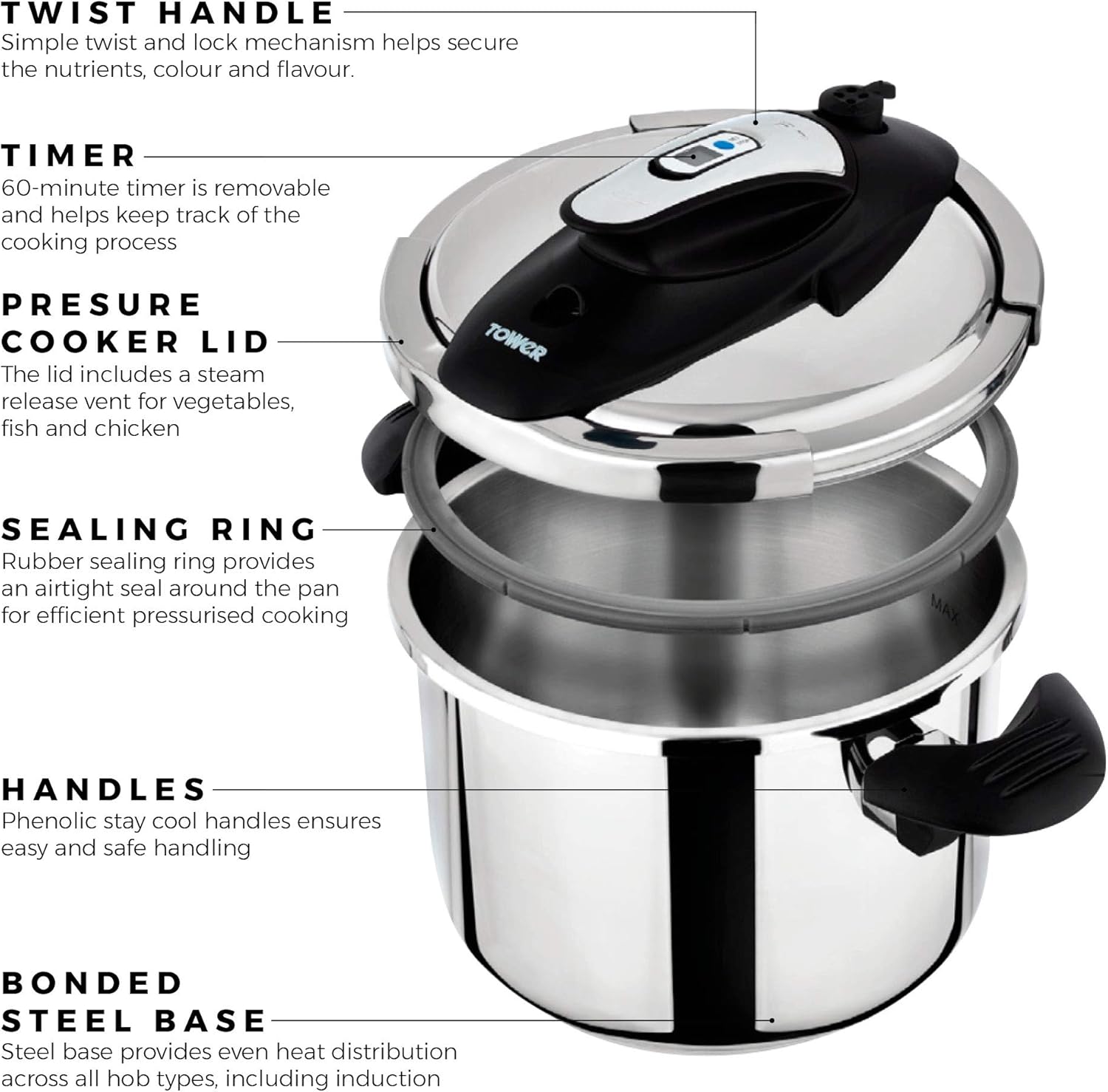 Tower T920003 Pressure Cooker, Twist/Turn Lid, Stainless Steel, 6 Litre ...