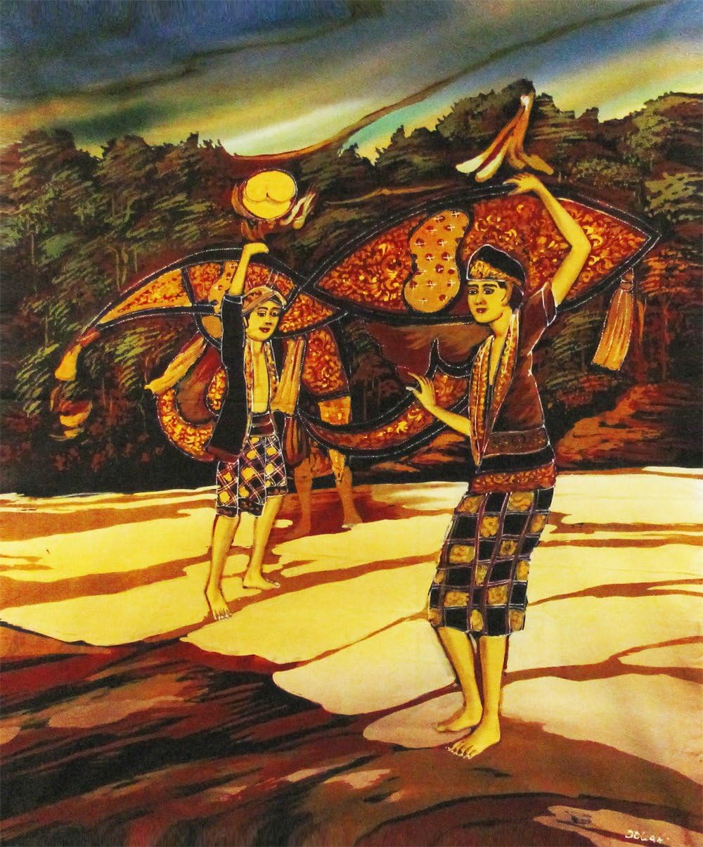 Amazon.com: Original Batik Art Painting on Cotton, 'Playing Wau Bulan ...
