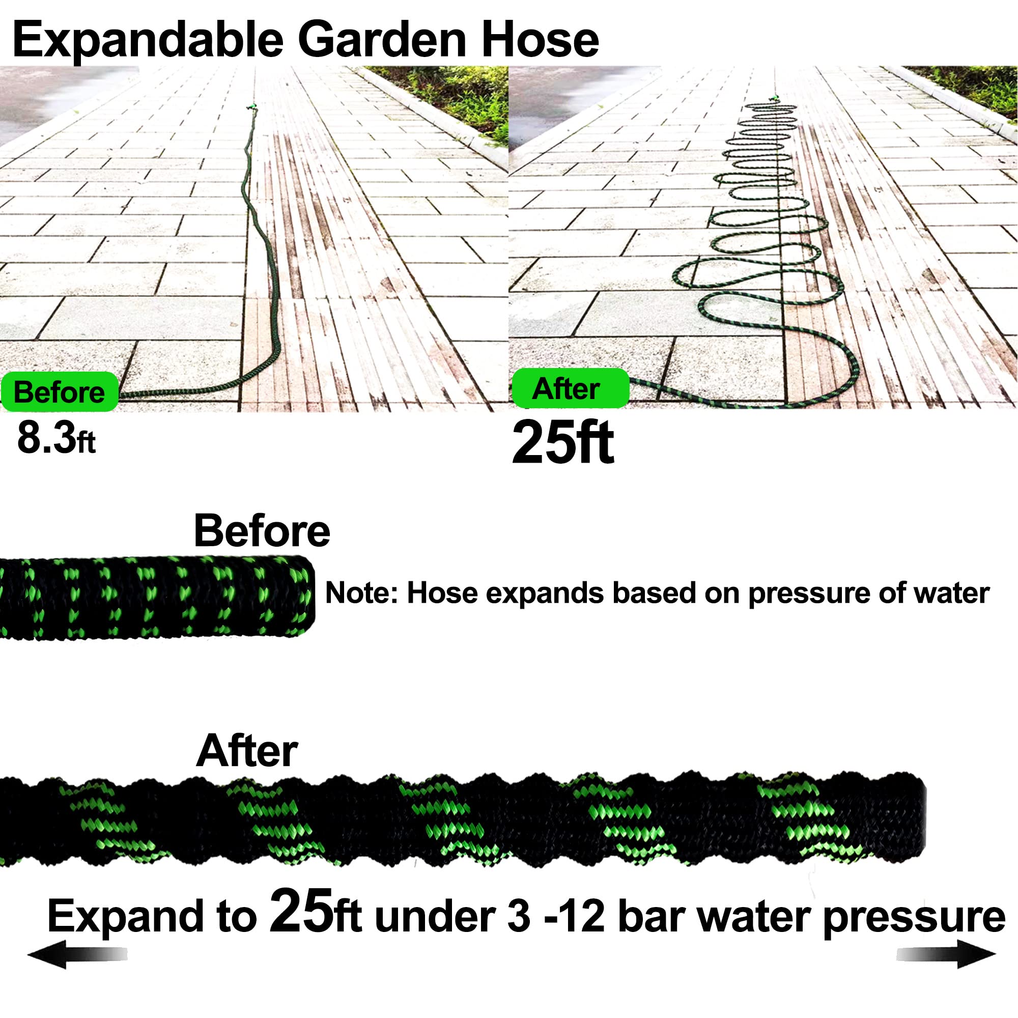 25 Feet Expandable Garden Hose, Flexible Lightweight Garden Hose with ...
