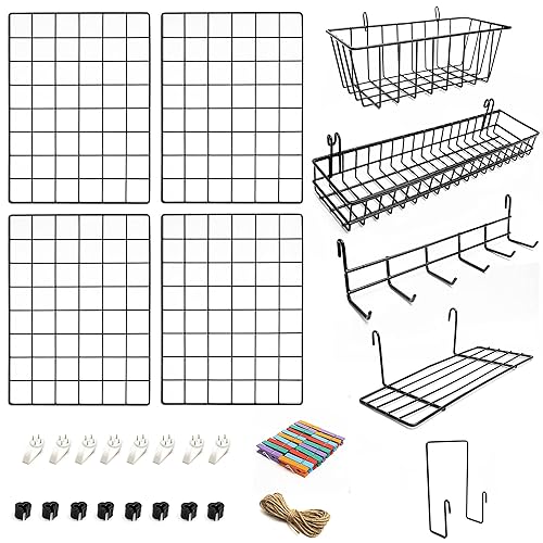 4 Pack Wire Wall Grid Panel With Accessories | Includes Hanging Baskets ...