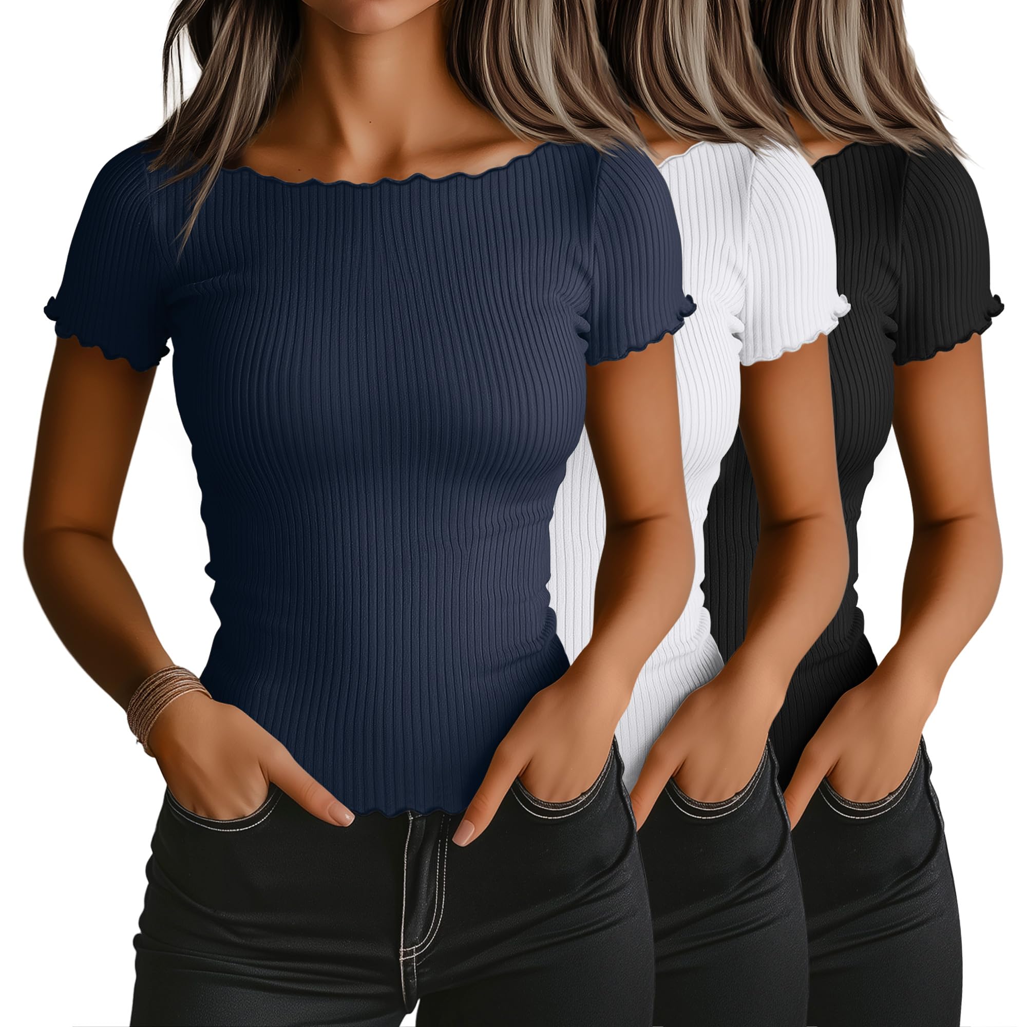 Riyiper 3 Pack Women's Lettuce Trim Boat Neck Tops Ribbed Short Sleeve ...