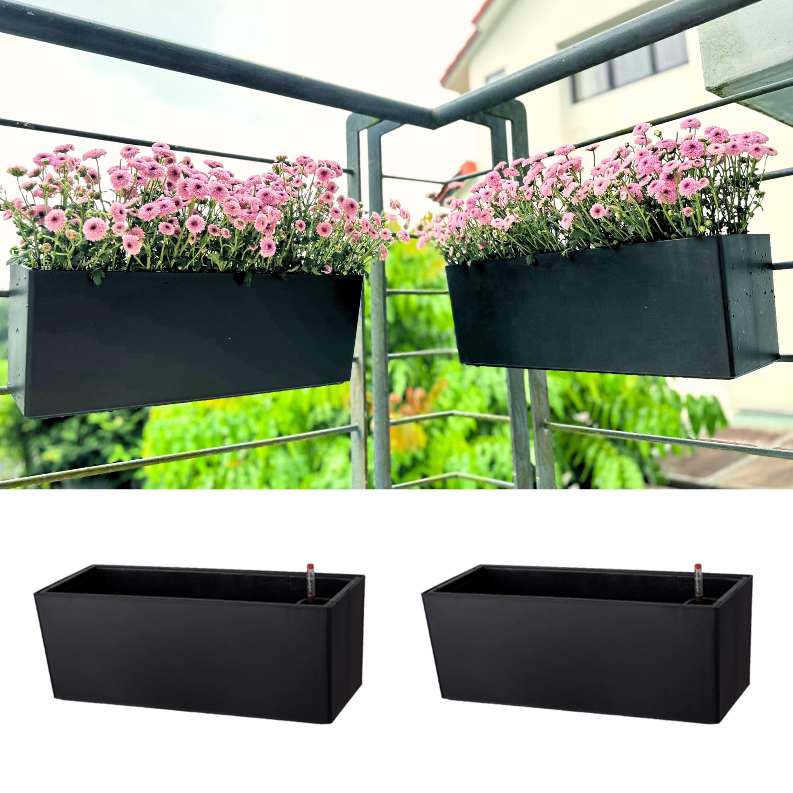 LaLaGreen Deck Railing Planters (2 Pack, 14 Inch) Black Rectangular ...