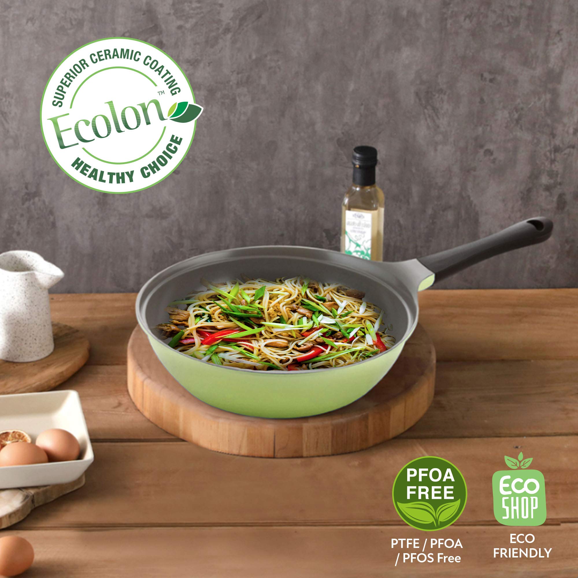 Neoflam Eela 12'' Non Stick Chef's Wok With Glass Lid, Stir Fry Pan And ...