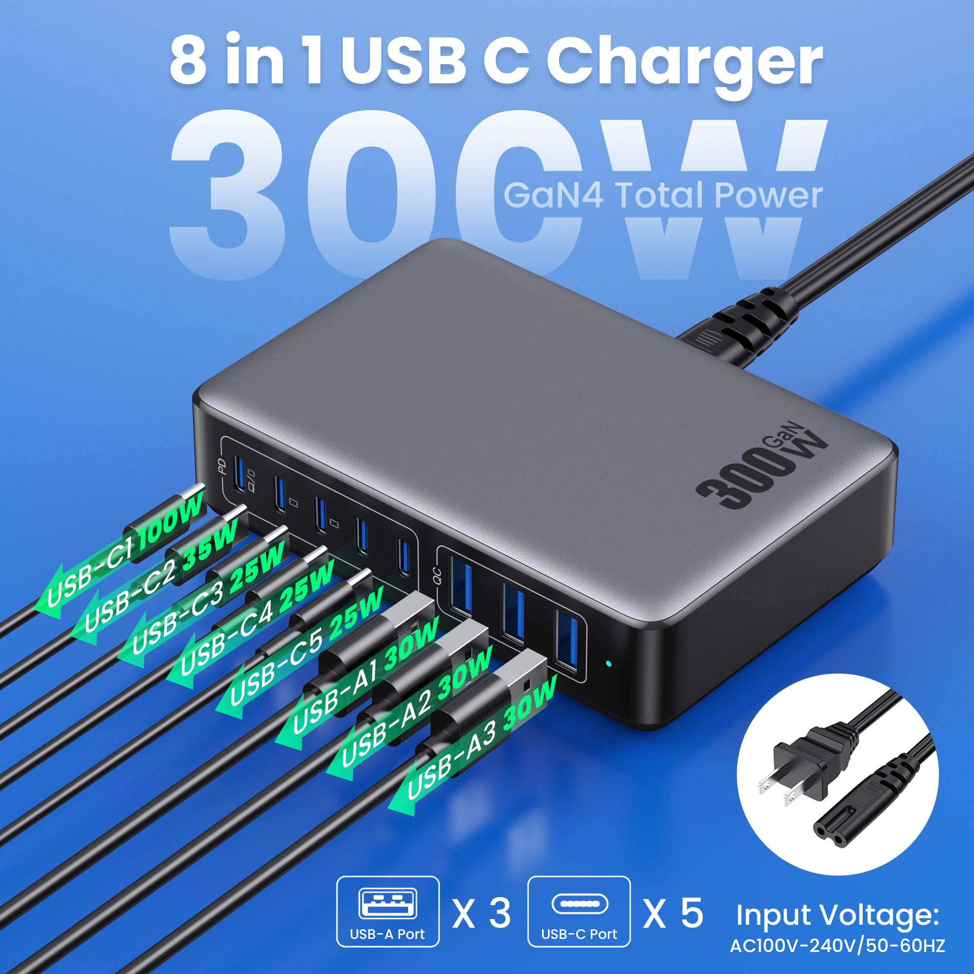 USB C Charger 300W USB C Charger Block 8-Ports GaN IV Fast Charging Station,PD 100W Laptop ...