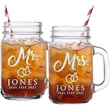 Amazon.com: Initial Mr Mrs Set of 2 Personalized Mason Jar Drinking Mugs with Handle Custom ...