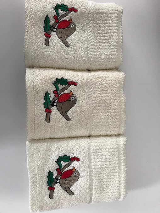 Christmas Robin 100% Cotton Three Pack Kitchen Tea Towels in Cream for ...