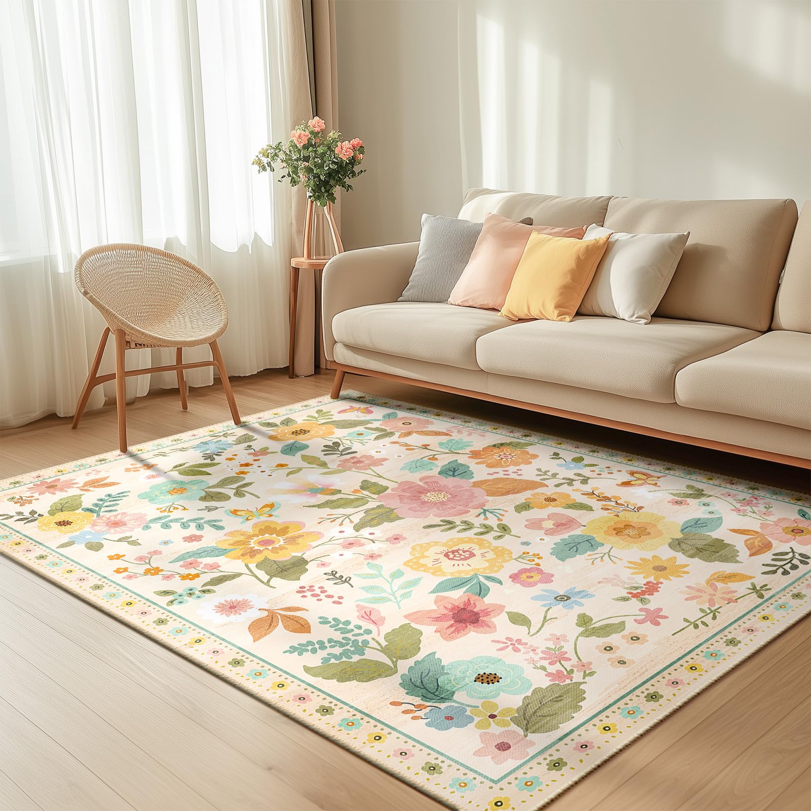 RELEANY Floral 4x6 Area Rug Machine Washable Boho Carpet Non Slip ...