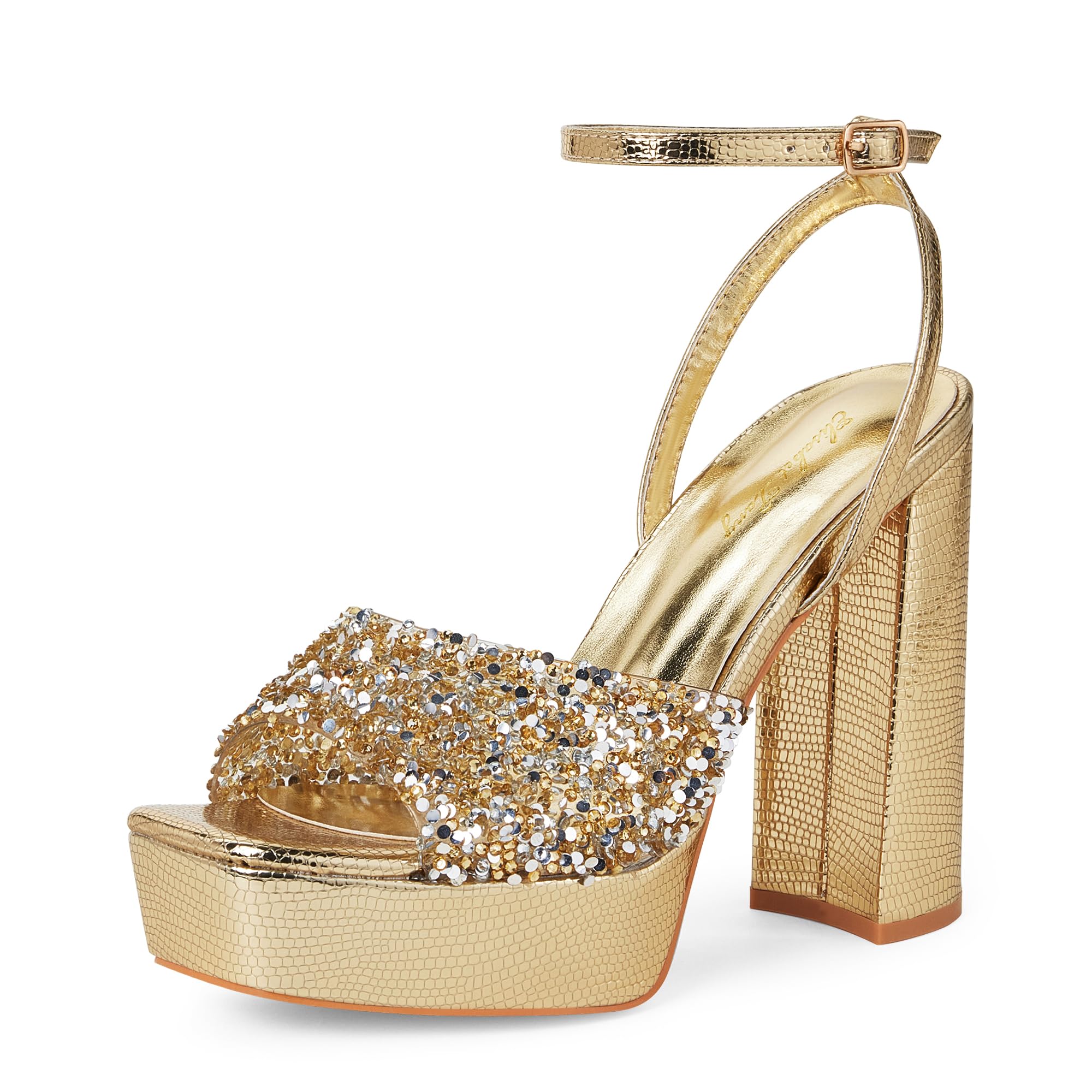 Elisabet Tang 4IN rhinstone square toe platform strappy chunky block ...