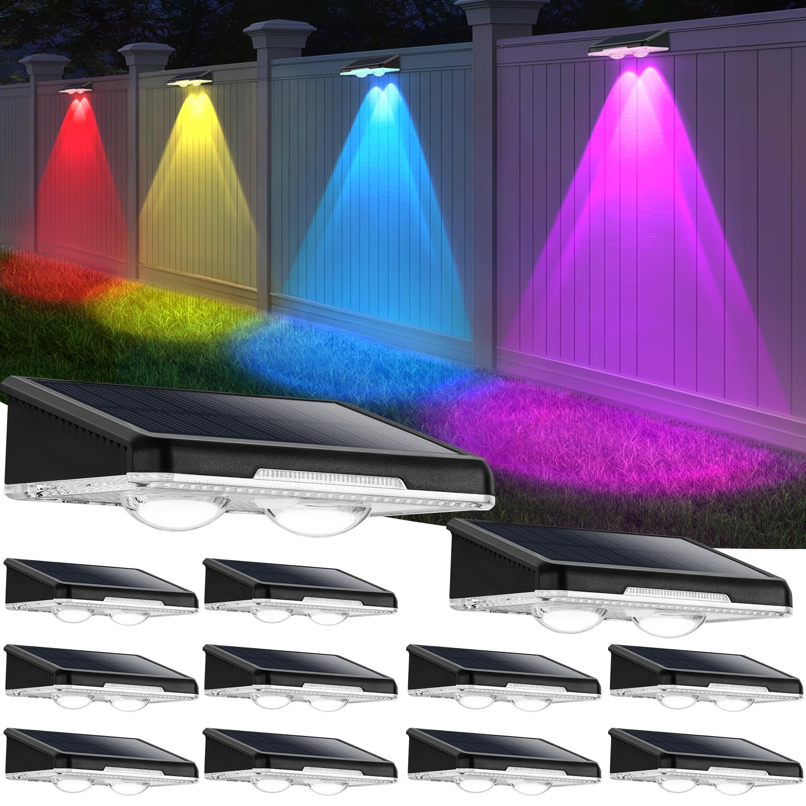 Solar Fence Lights Outdoor 12-Pack, Waterproof Solar Powered Deck Light with Warm White & 6 RGB ...