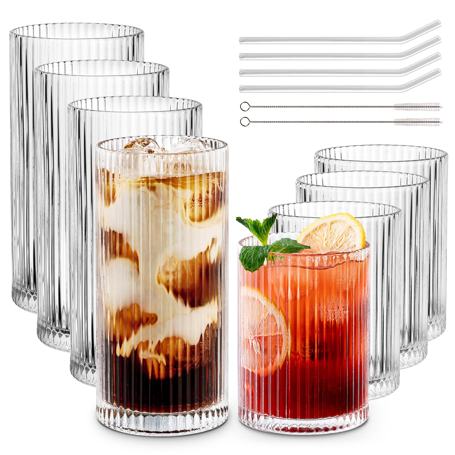 Combler Cocktail Glasses Drinking Set of 8, 4pcs Collins Glass Cups ...