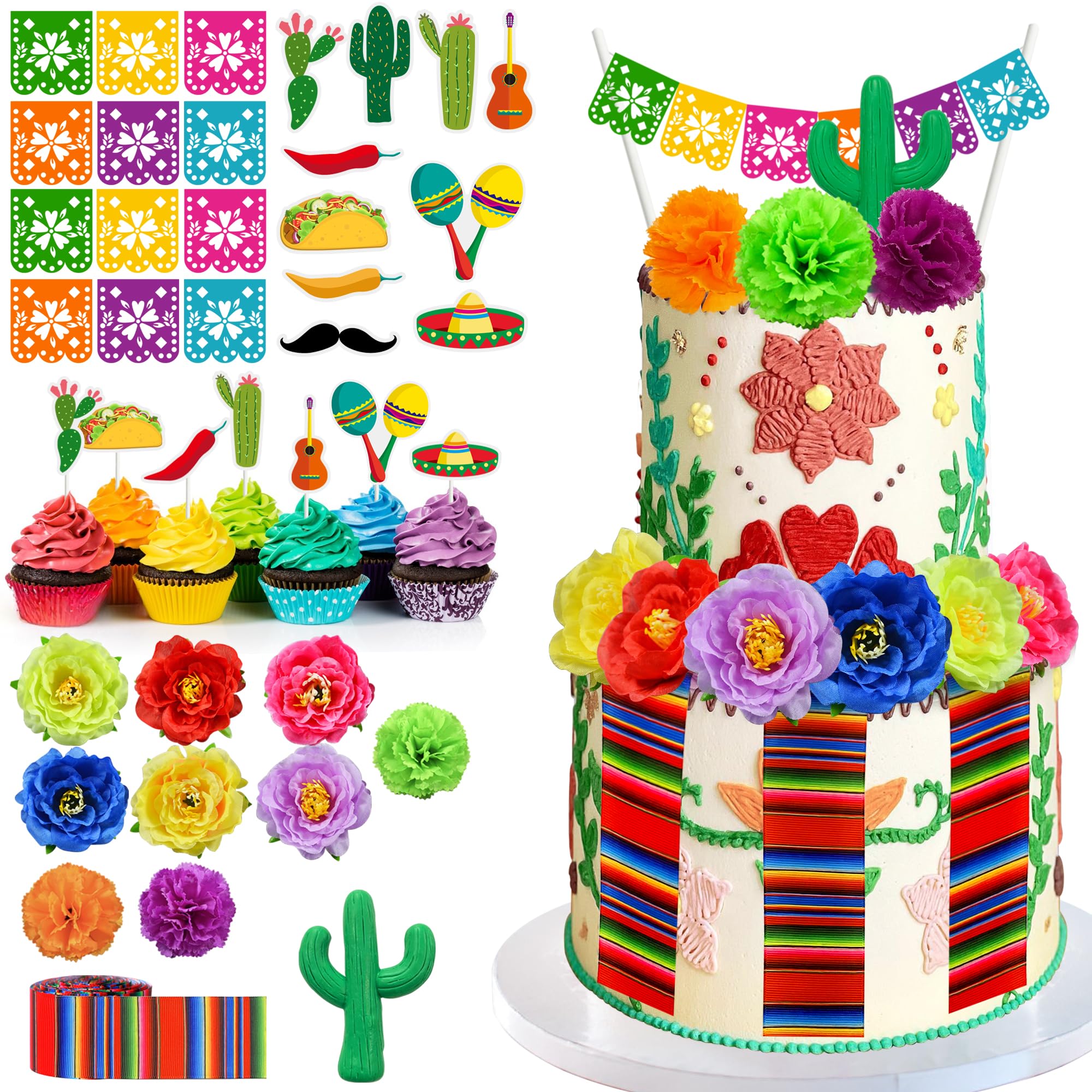 33 PCS Mexican Fiesta Cake Topper Mini Mexican Papel Picado Banner ...