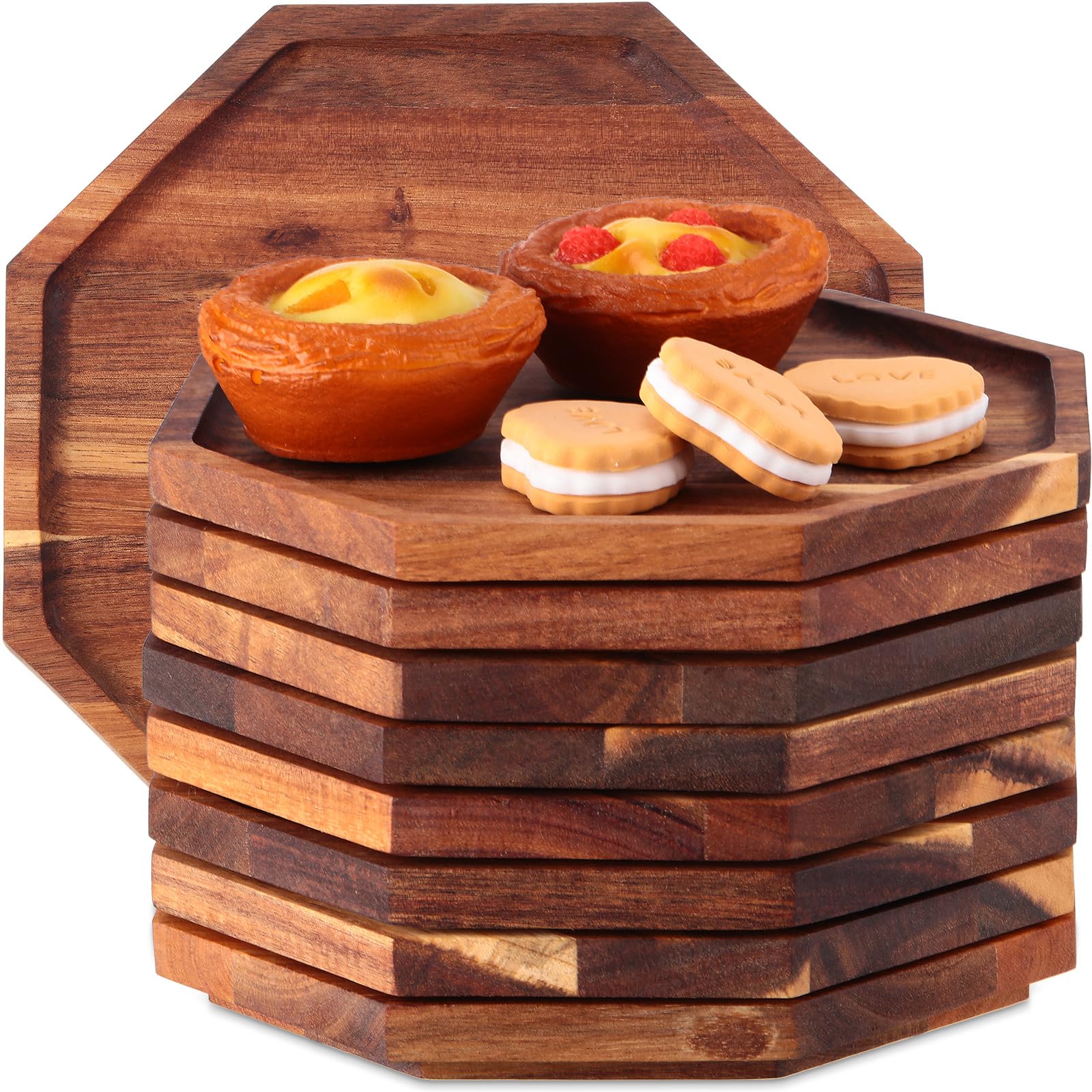 Dandat 8 Pcs Acacia Wooden Octagon Serving Tray 8 Inch Octagonal ...
