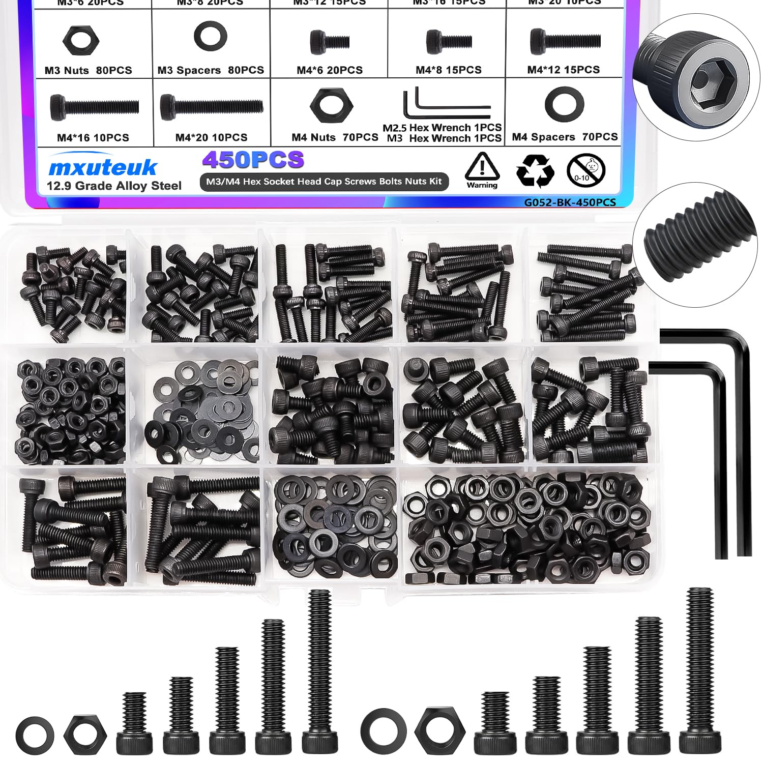 mxuteuk 450PCS M3 M4 Screws Assortment Set,M3&M4×6/8/12/16/20mm Screws ...