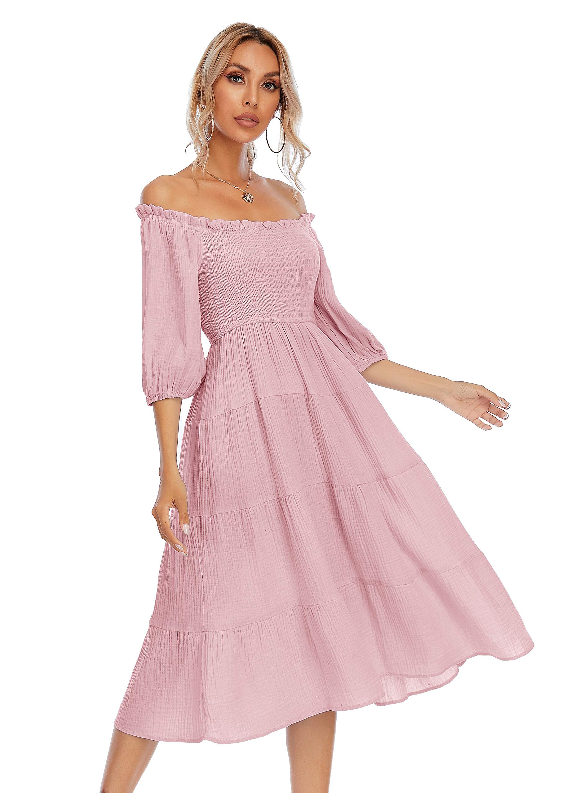 R.Vivimos Women's Summer Cotton Lantern Sleeves Ruffled Off Shoulder A-Line Midi Dresses (Medium ...