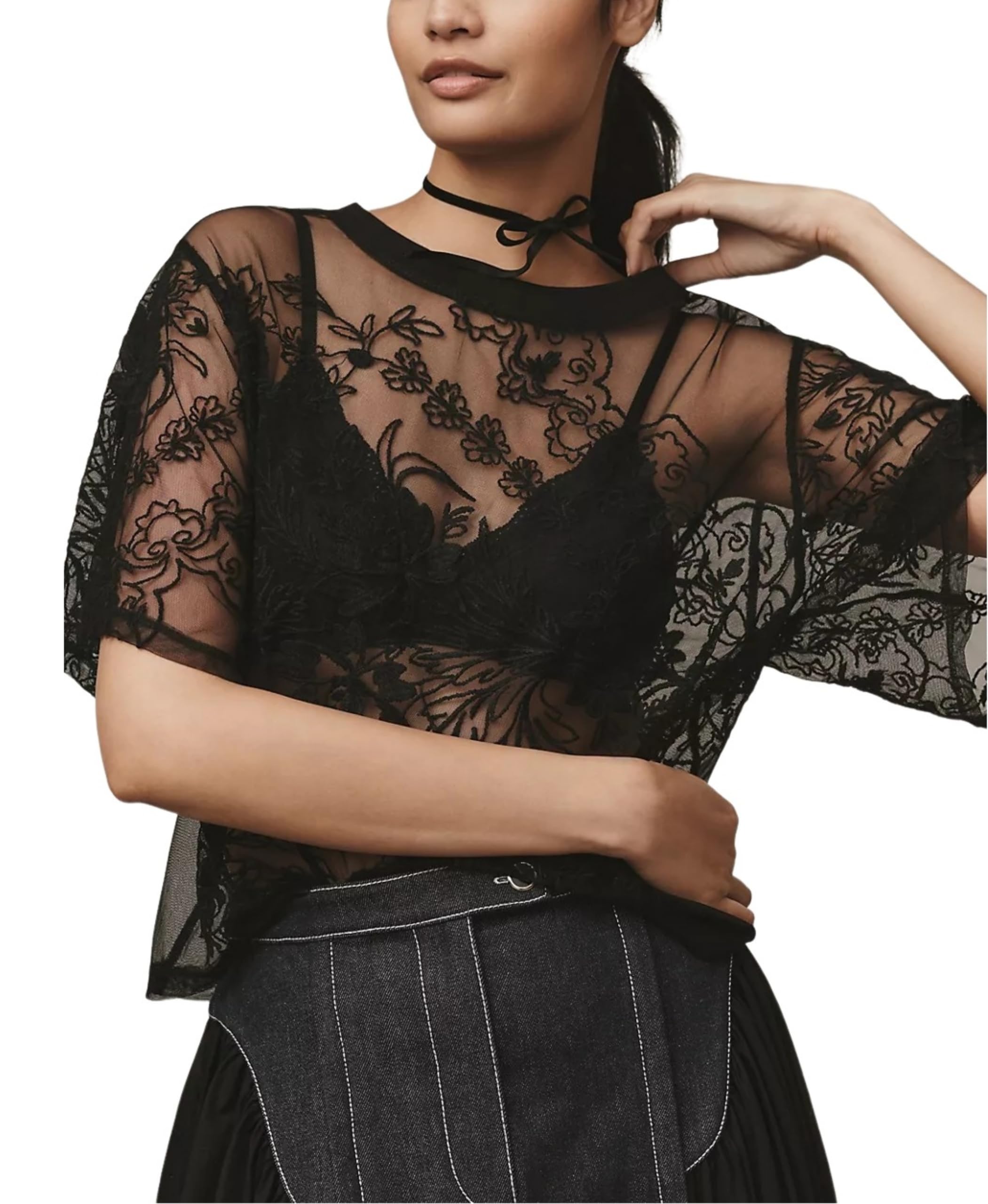 OPCAKM Women's Mesh Tops Y2K Short Sleeve Sheer Lace Embroidered Shirts ...