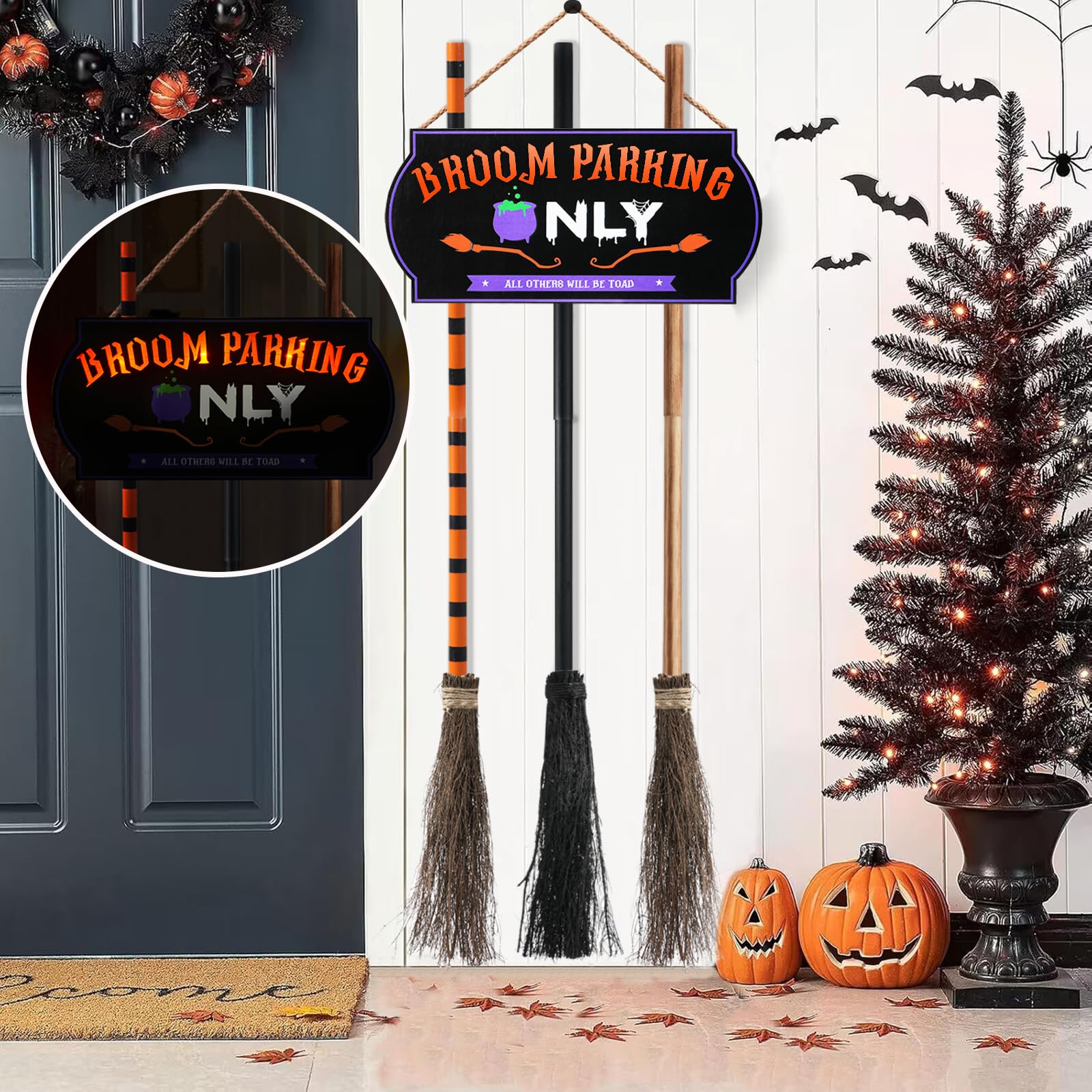 Halloween Decorations, Lighted Broom Parking Sign with 3 Wooden Witches ...